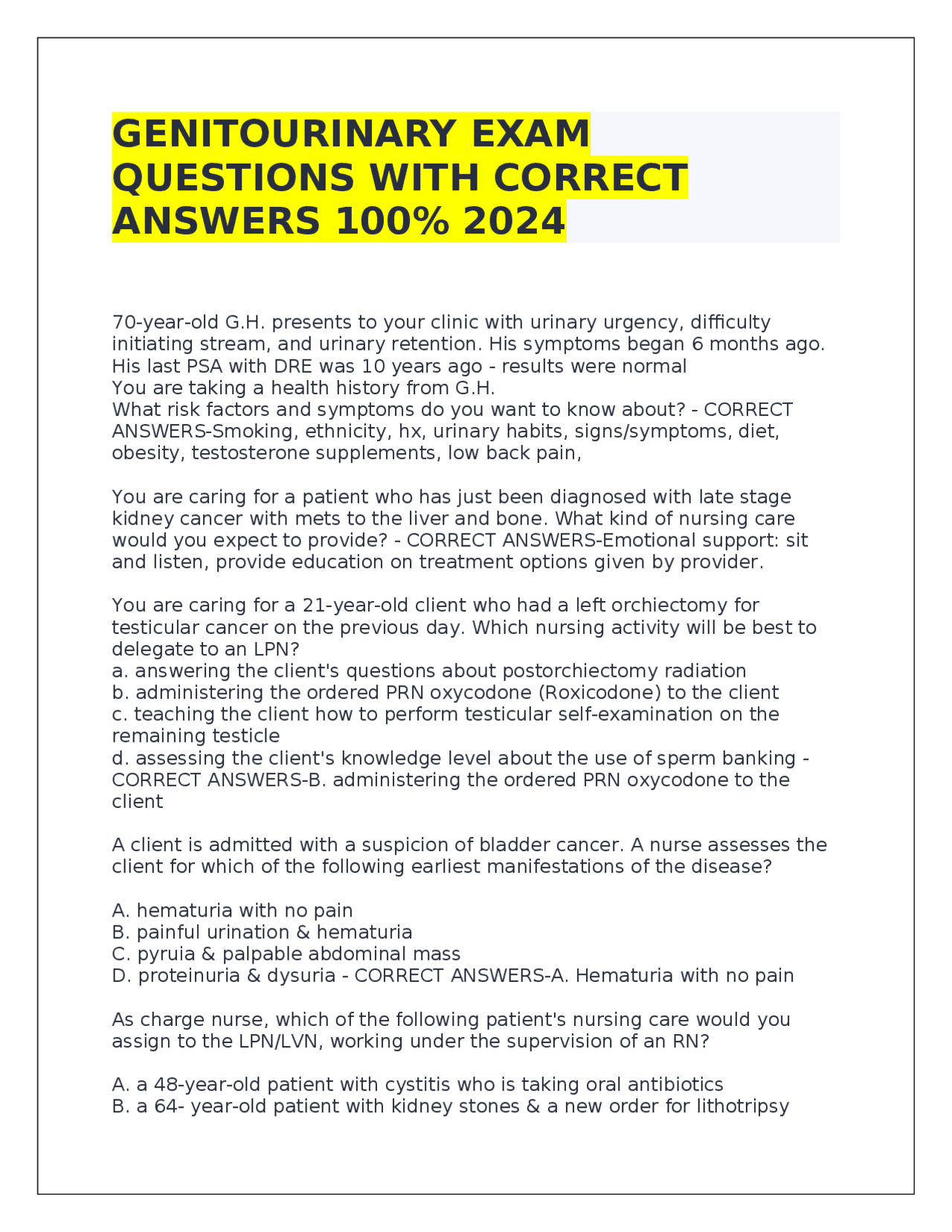 Genitourinary Exam Questions and Answers | Exams Advanced Education ...