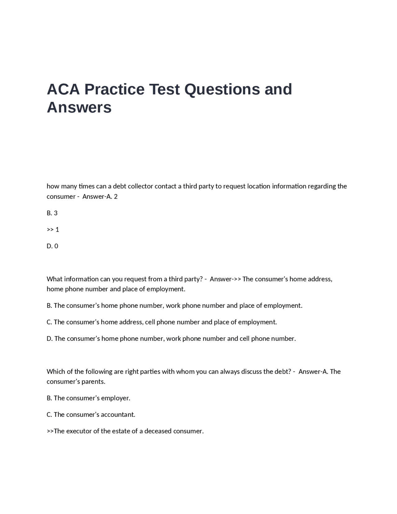 Fair Debt Collection Practices Act (FDCPA) Practice Test Questions and ...