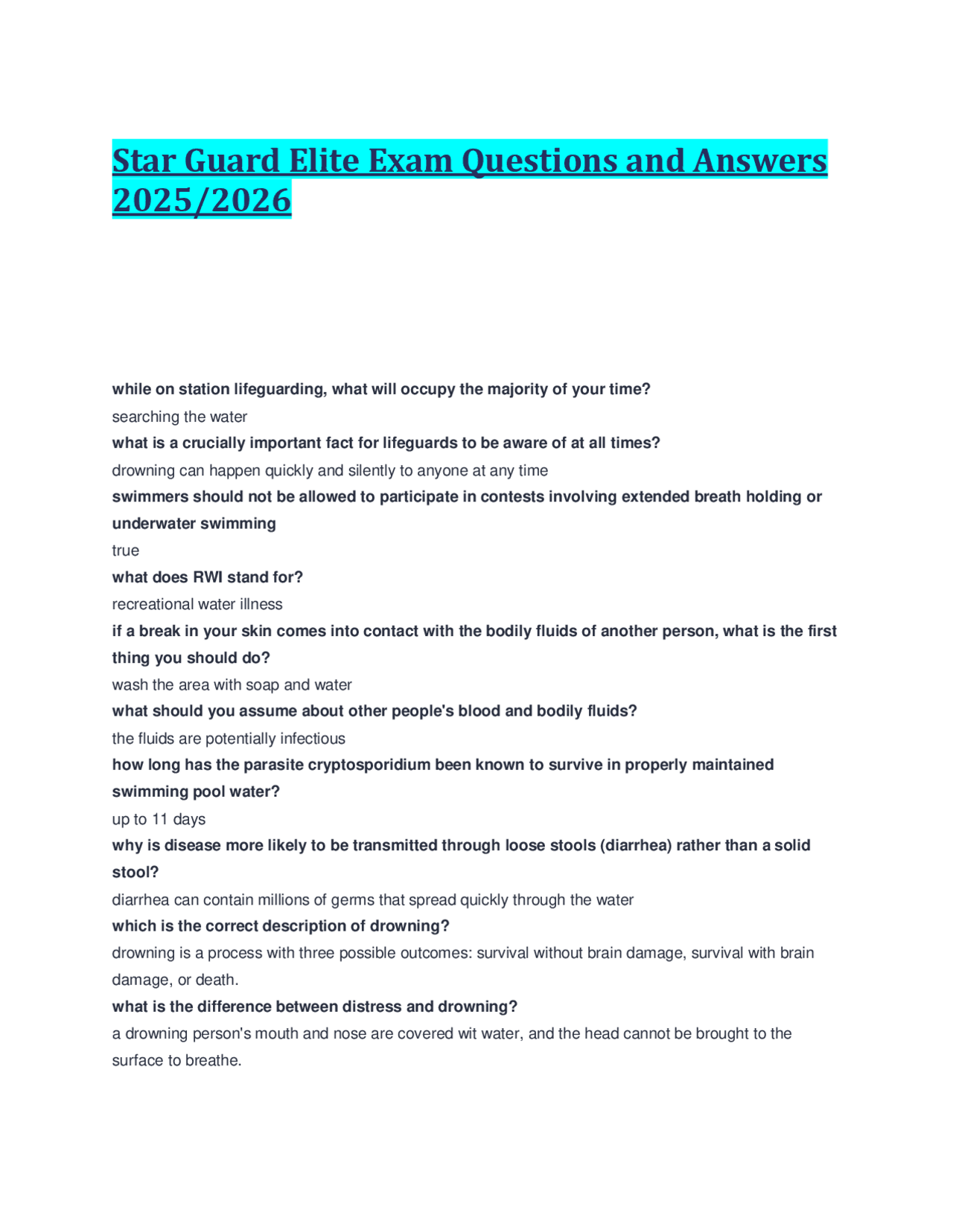 Star Guard Elite Exam Questions and Answers: Lifeguarding Safety and ...
