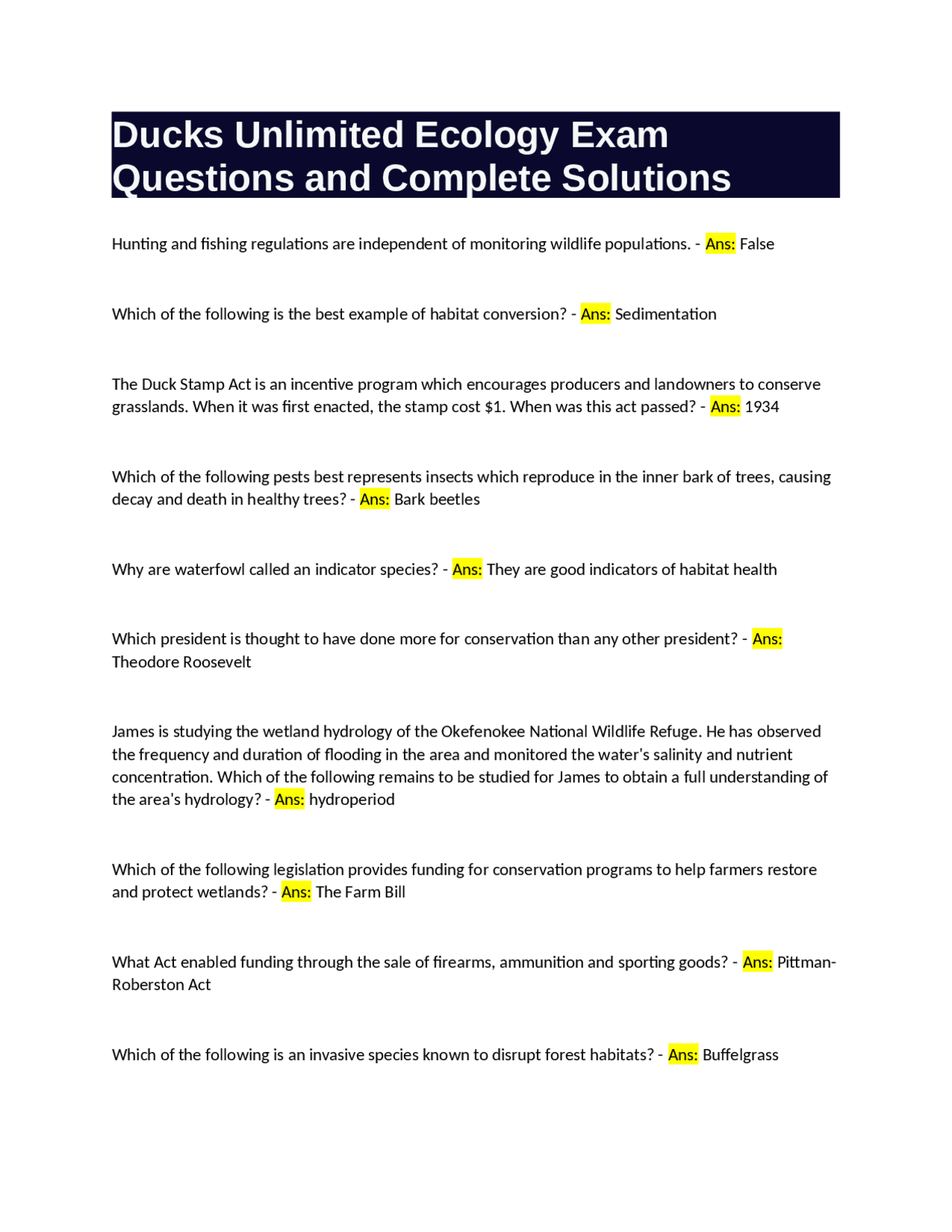 Ducks Unlimited Ecology Exam Questions and Complete Solutions | Exams ...