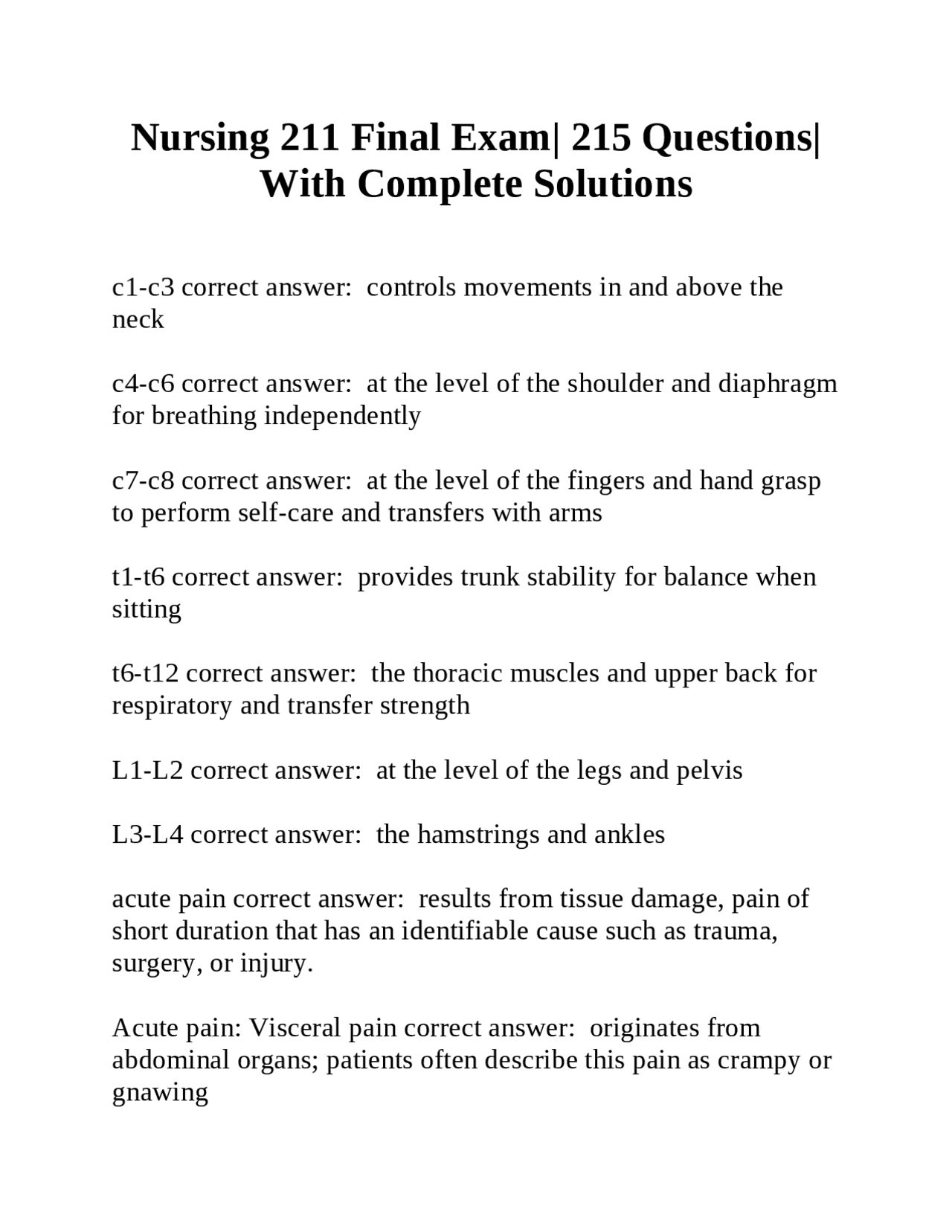 Nursing 211 Final Exam Review: Questions and Answers | Exams Nursing | Docsity