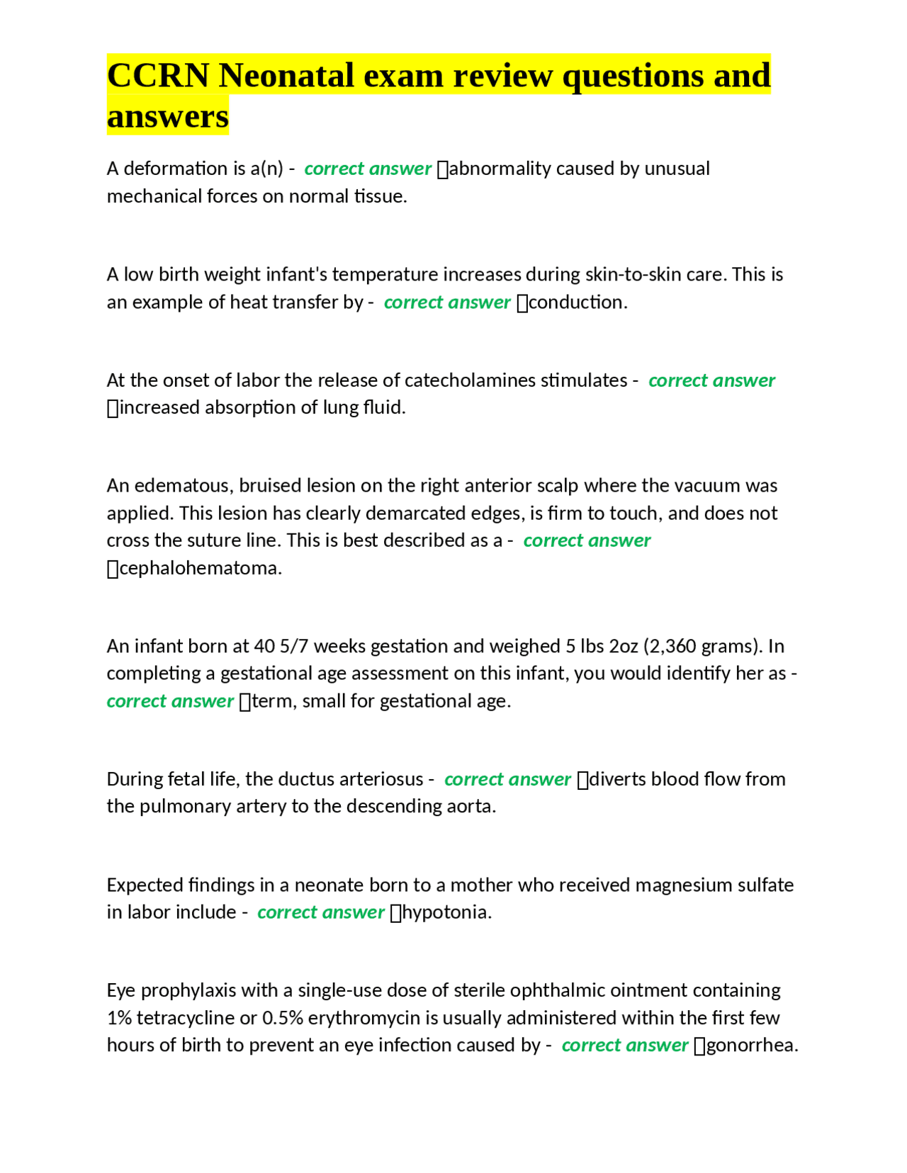 CCRN Neonatal Exam Review Questions and Answers | Exams Medicine | Docsity