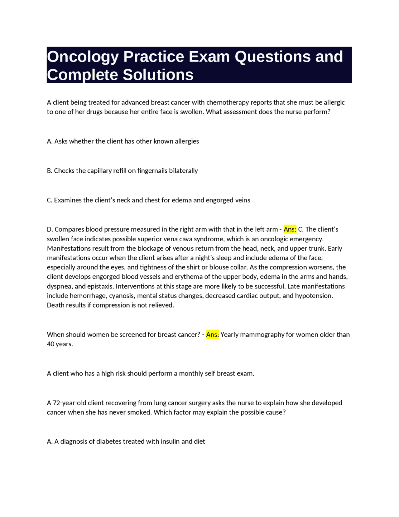 Oncology Practice Exam Questions and Complete Solutions | Exams Nursing ...