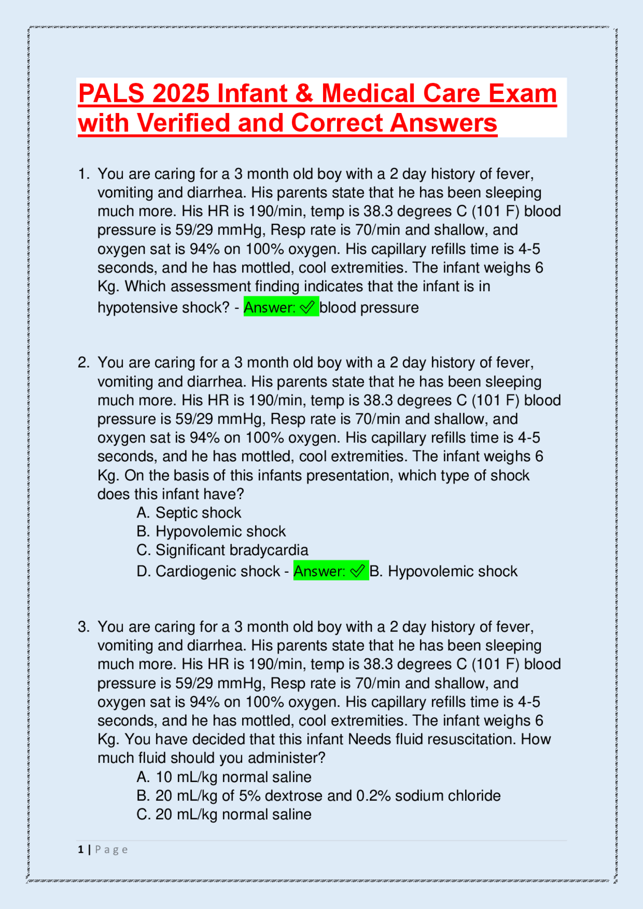 PALS 2025 Infant & Medical Care Exam with Verified and Correct Answers ...