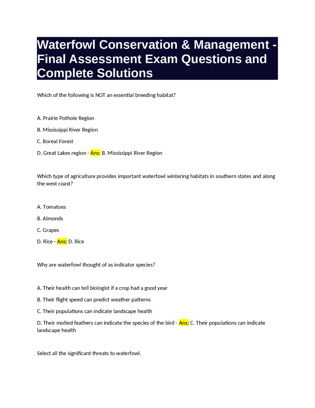 Waterfowl Conservation & Management - Final Assessment Exam Questions ...