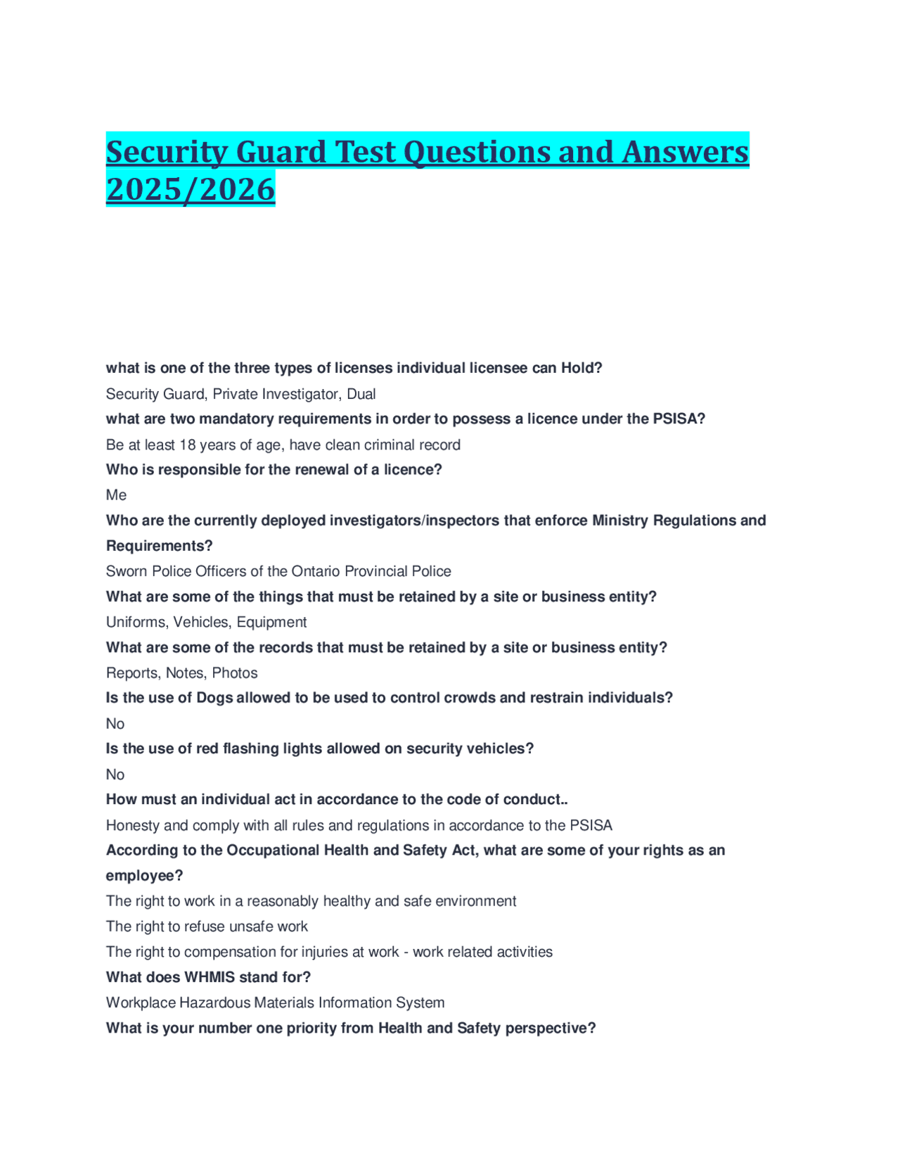 Security Guard Test Questions and Answers: 2025/2026 | Exams Security ...