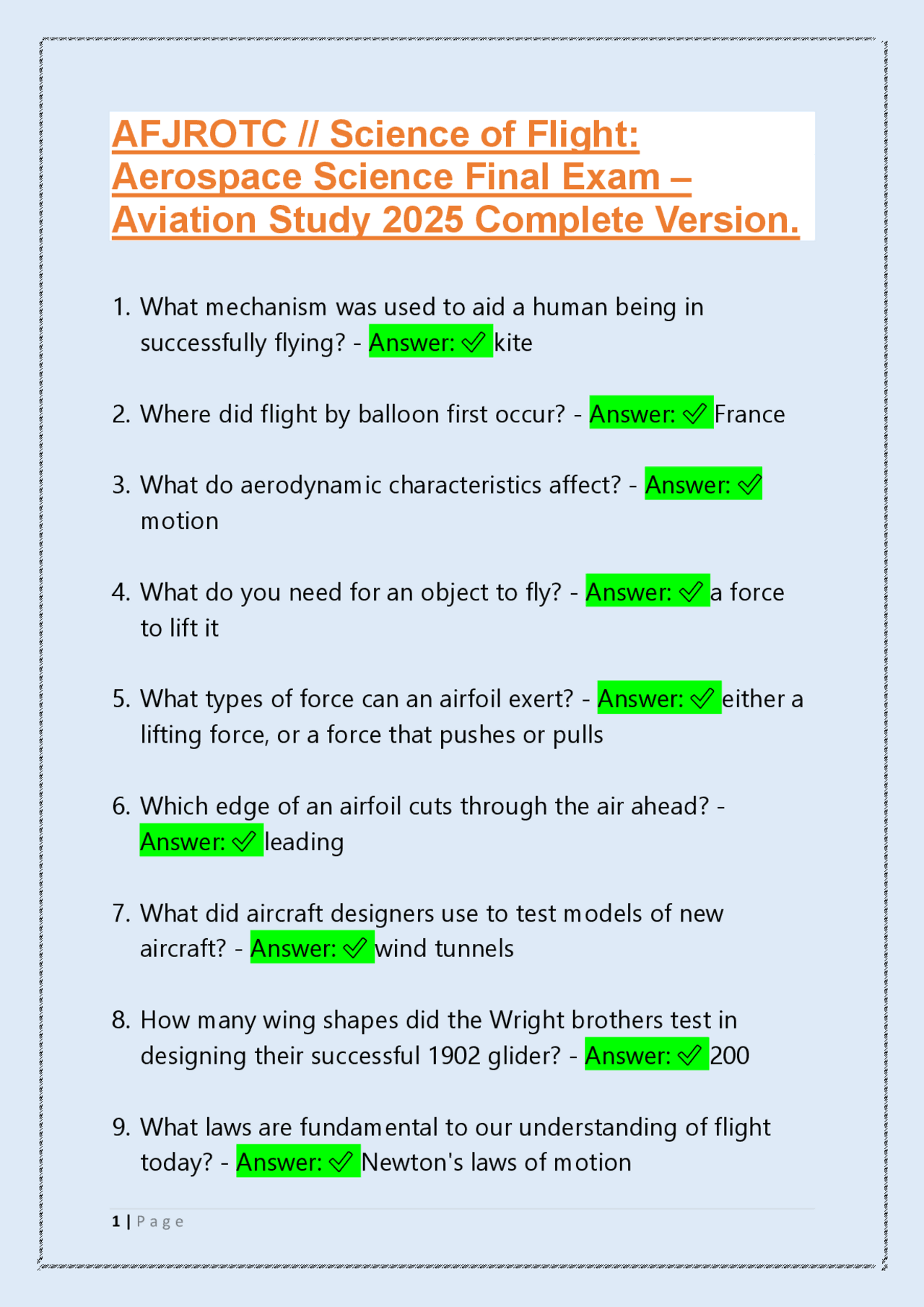 AFJROTC Aerospace Science Final Exam: Aviation Study 2025 | Exams ...