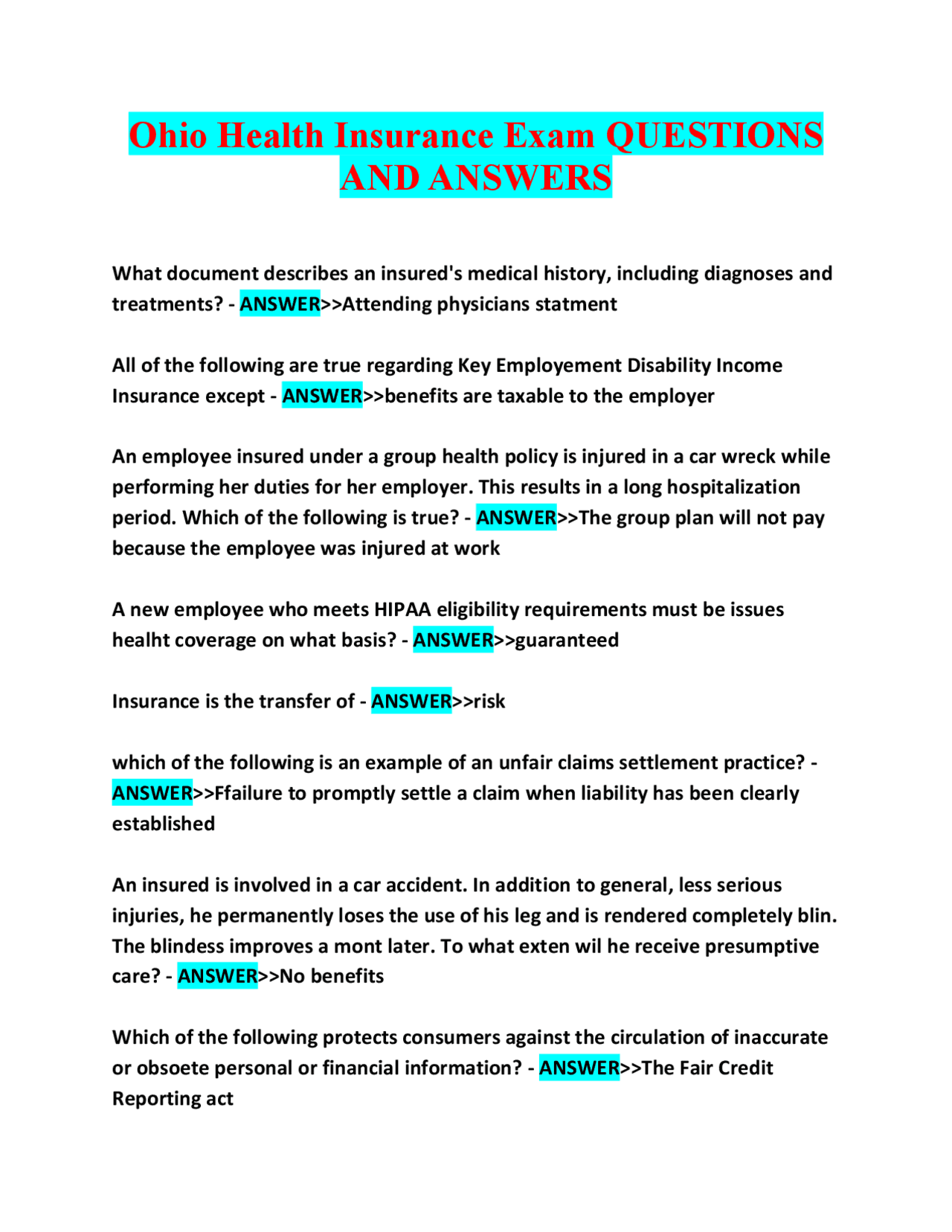Ohio Health Insurance Exam Questions and Answers | Exams Nursing | Docsity