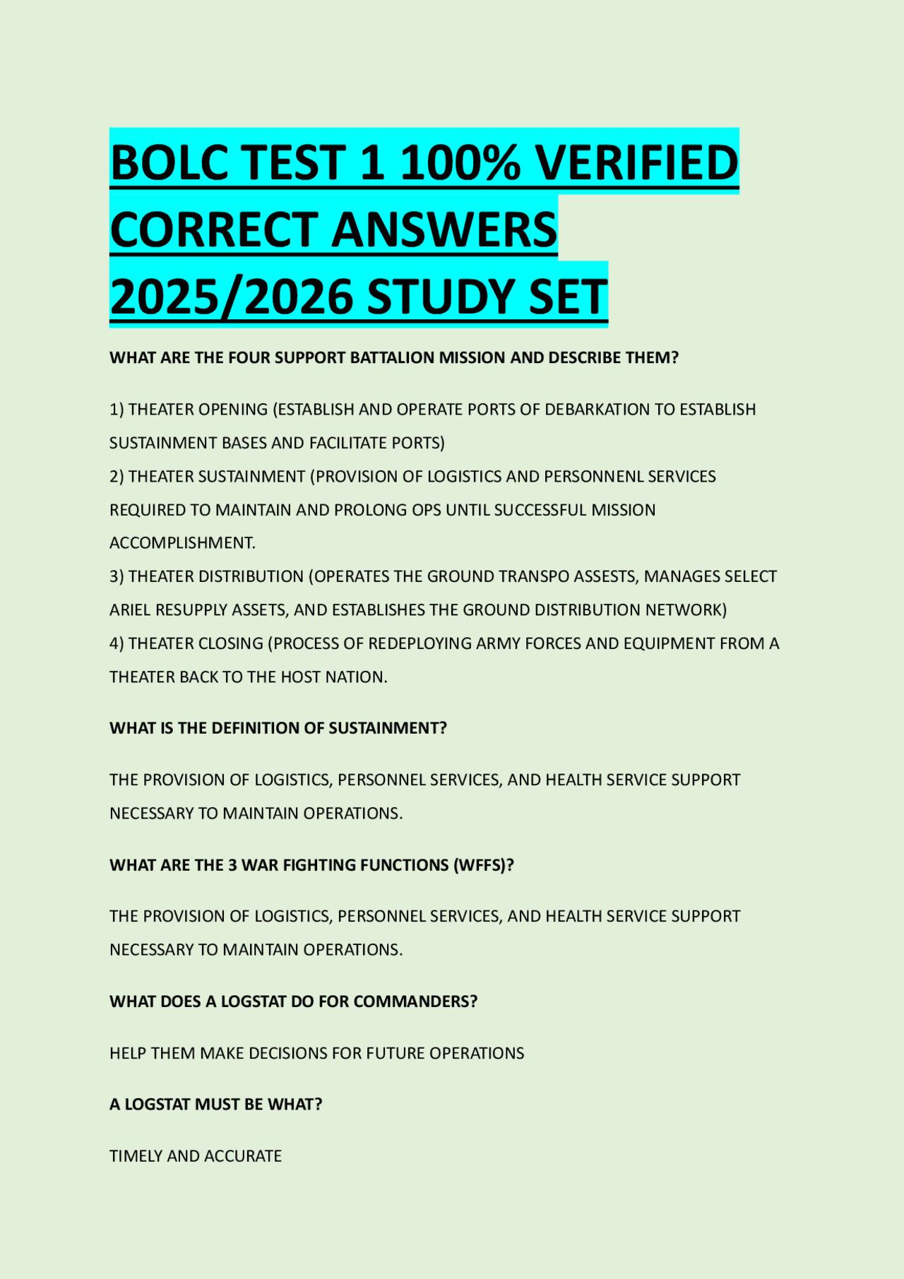 BOLC TEST 1 100% VERIFIED CORRECT ANSWERS 2025/2026 STUDY SET | Exams ...