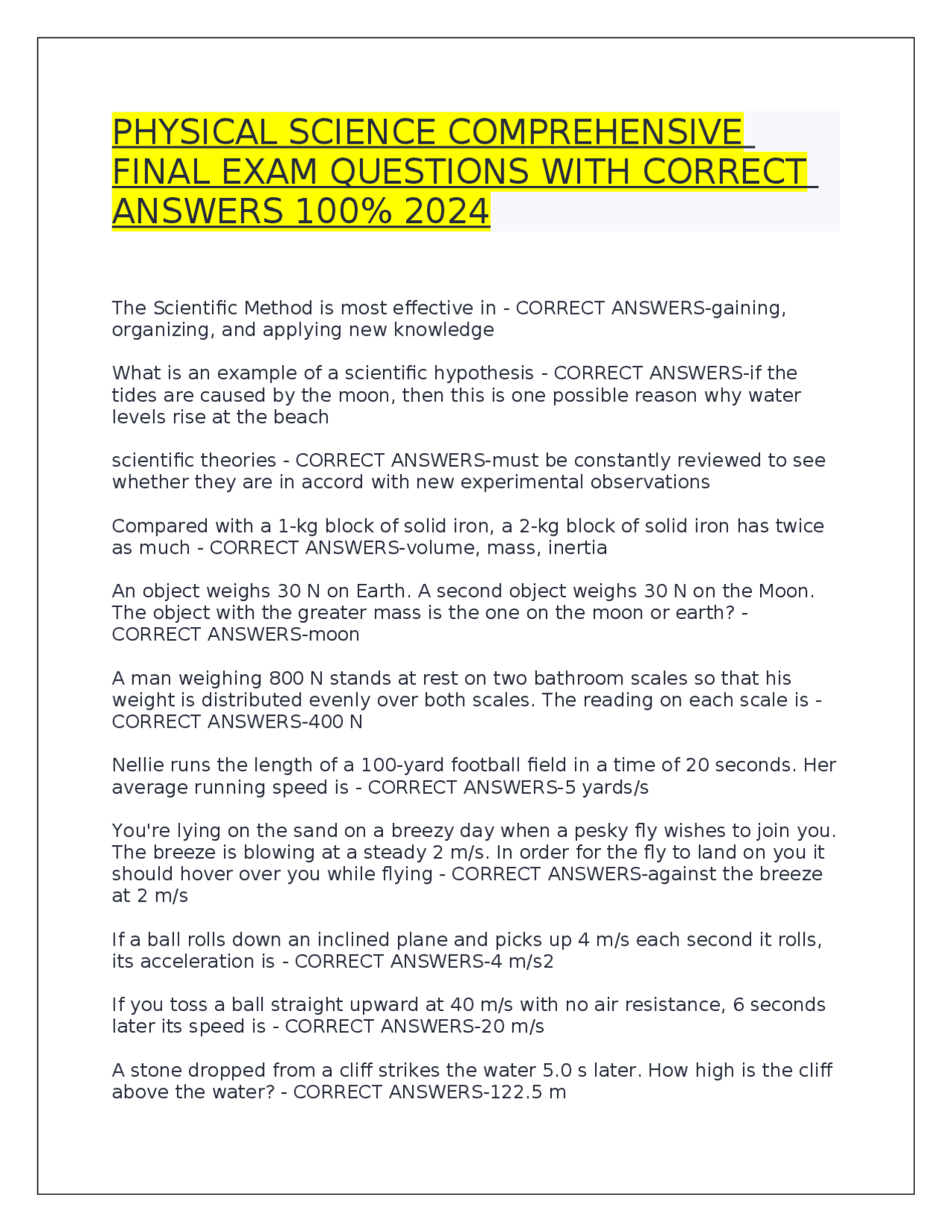 Physical Science Comprehensive Final Exam Questions and Answers | Exams ...
