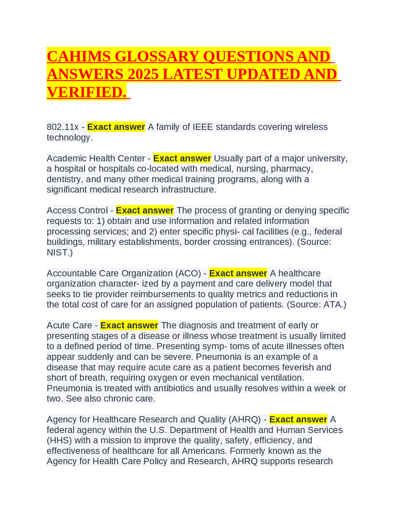CAHIMS Glossary: Questions and Answers 2025 | Exams Qualitative ...