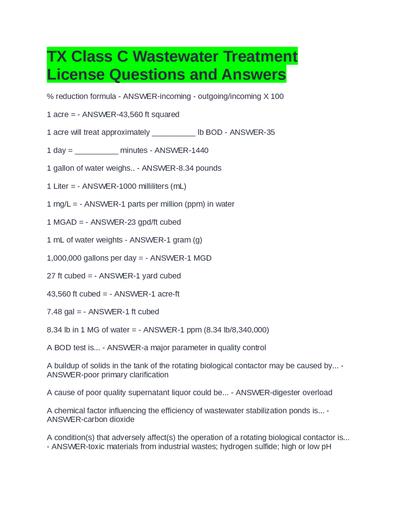 TX Class C Wastewater Treatment License Questions and Answers | Exams ...