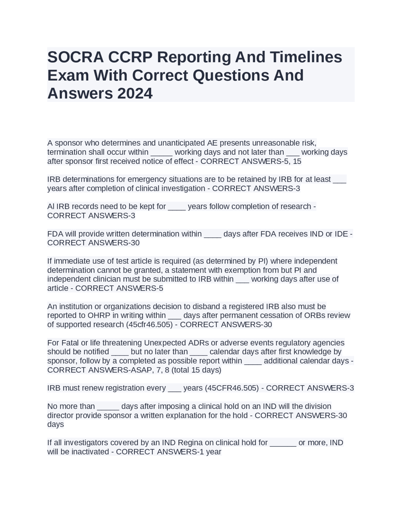 SOCRA CCRP Reporting And Timelines Exam With Correct Questions And ...