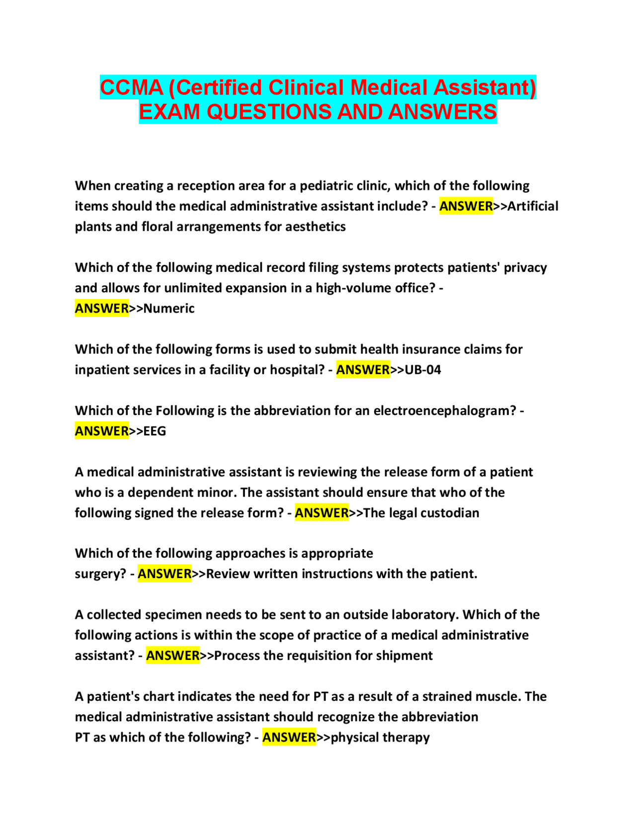 CCMA (Certified Clinical Medical Assistant) Exam Questions and Answers ...