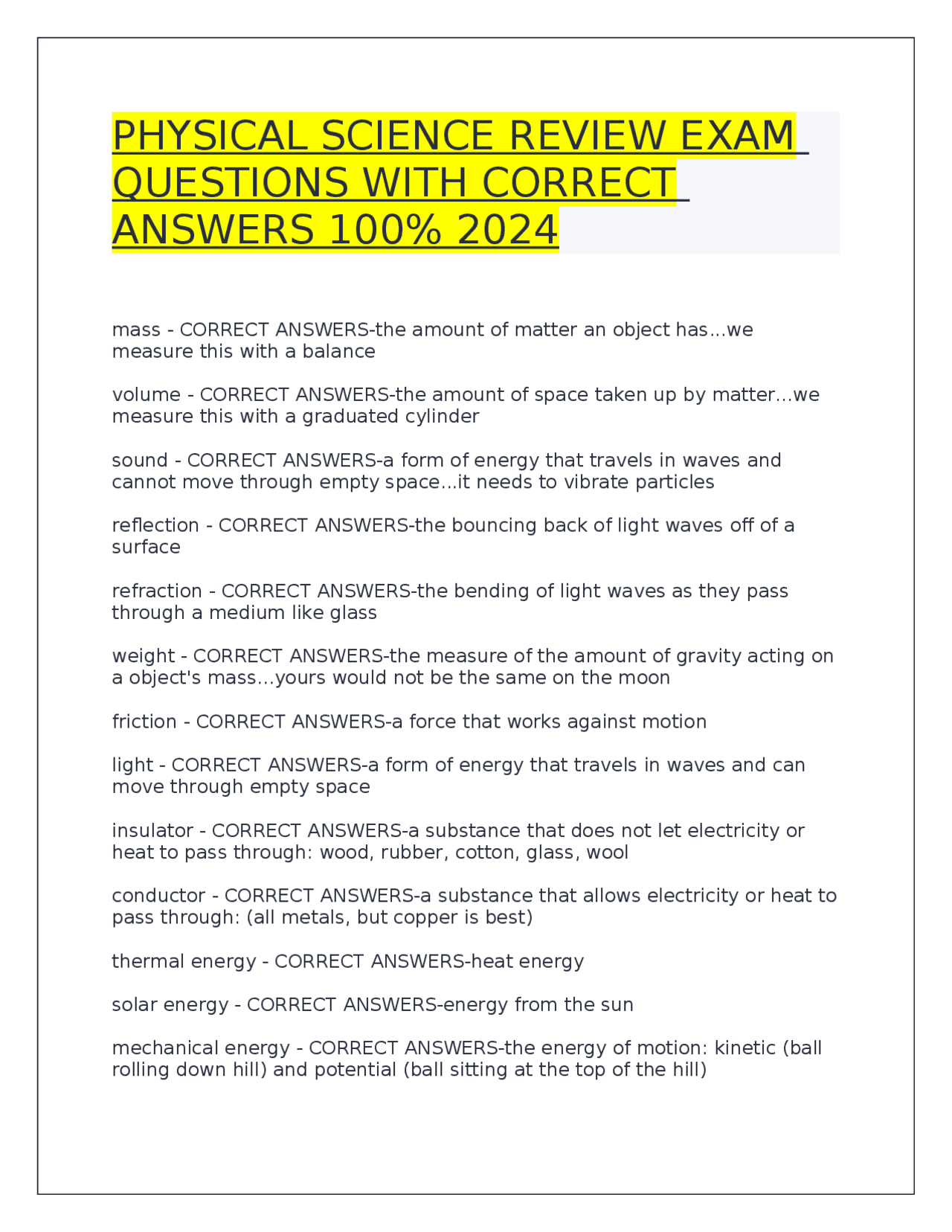 PHYSICAL SCIENCE REVIEW EXAM QUESTIONS WITH CORRECT ANSWERS 100% 2024 ...