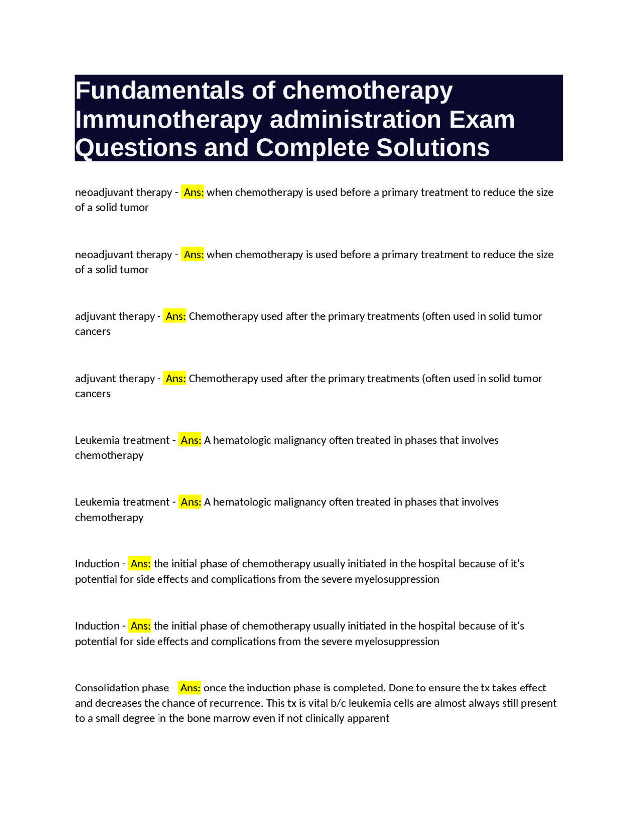 Chemotherapy & Immunotherapy Administration Exam: Questions & Solutions ...
