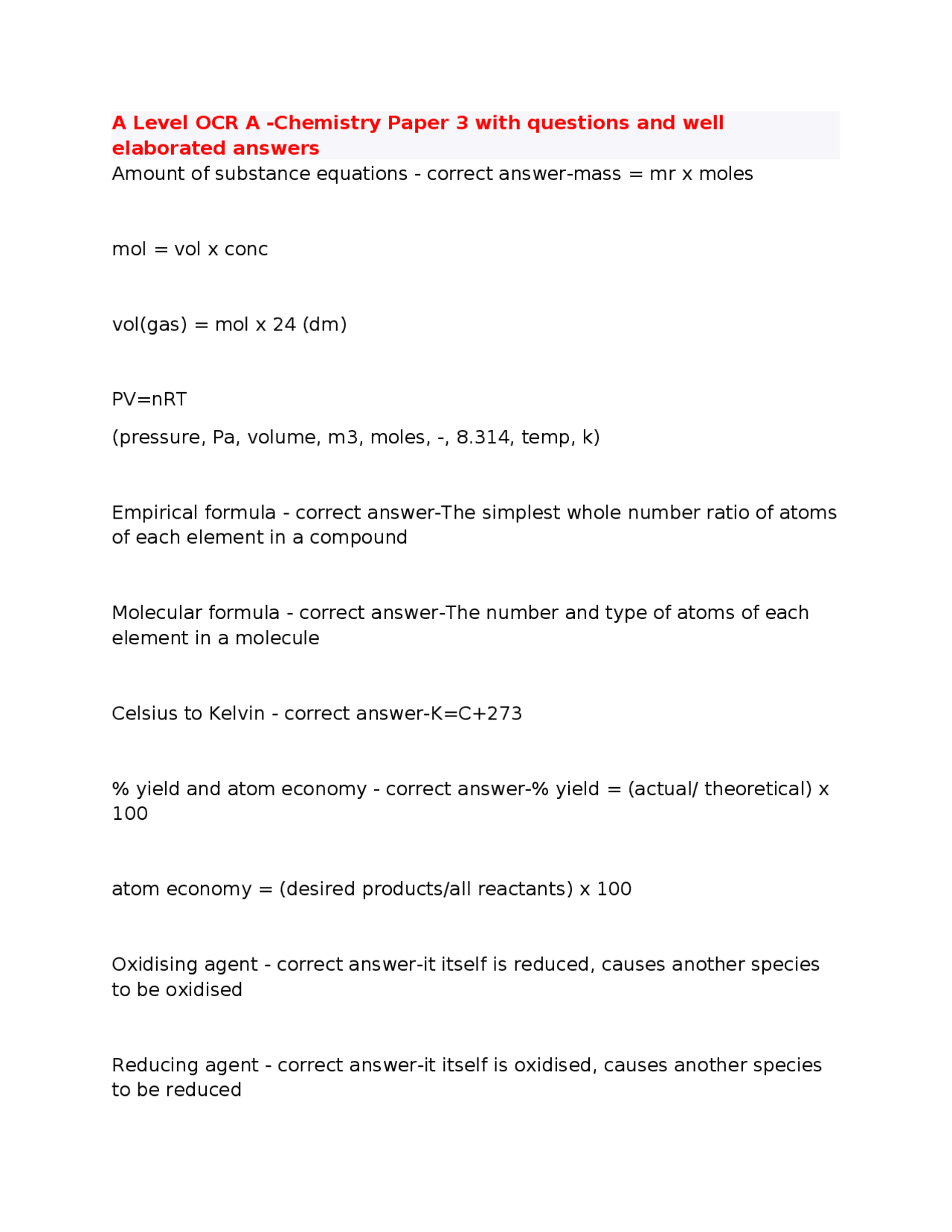 A Level OCR A - Chemistry Paper 3: Key Concepts and Equations | Exams ...