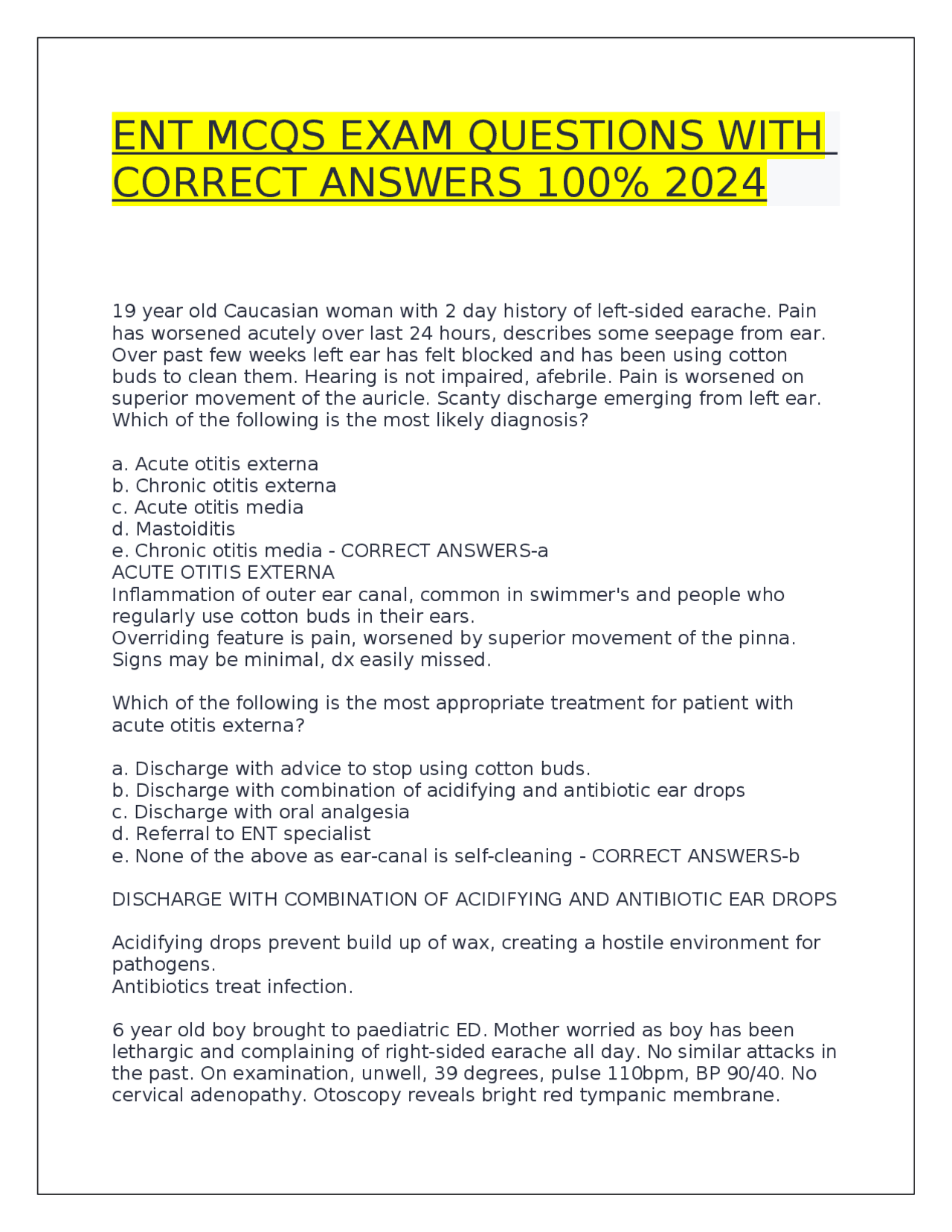 ENT MCQS EXAM QUESTIONS WITH CORRECT ANSWERS 100% 2024 | Exams Advanced ...