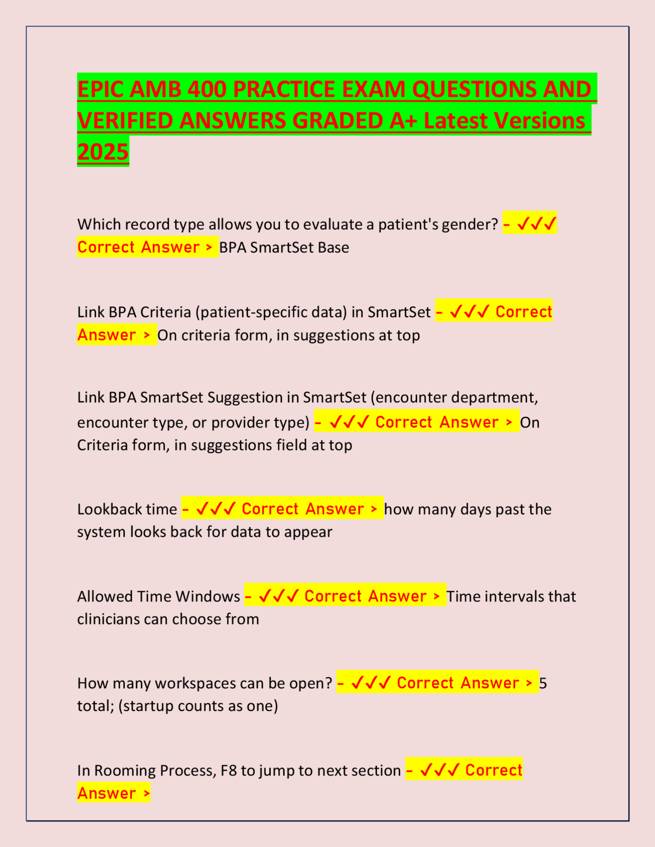 EPIC AMB 400 PRACTICE EXAM QUESTIONS AND VERIFIED ANSWERS GRADED A+ ...