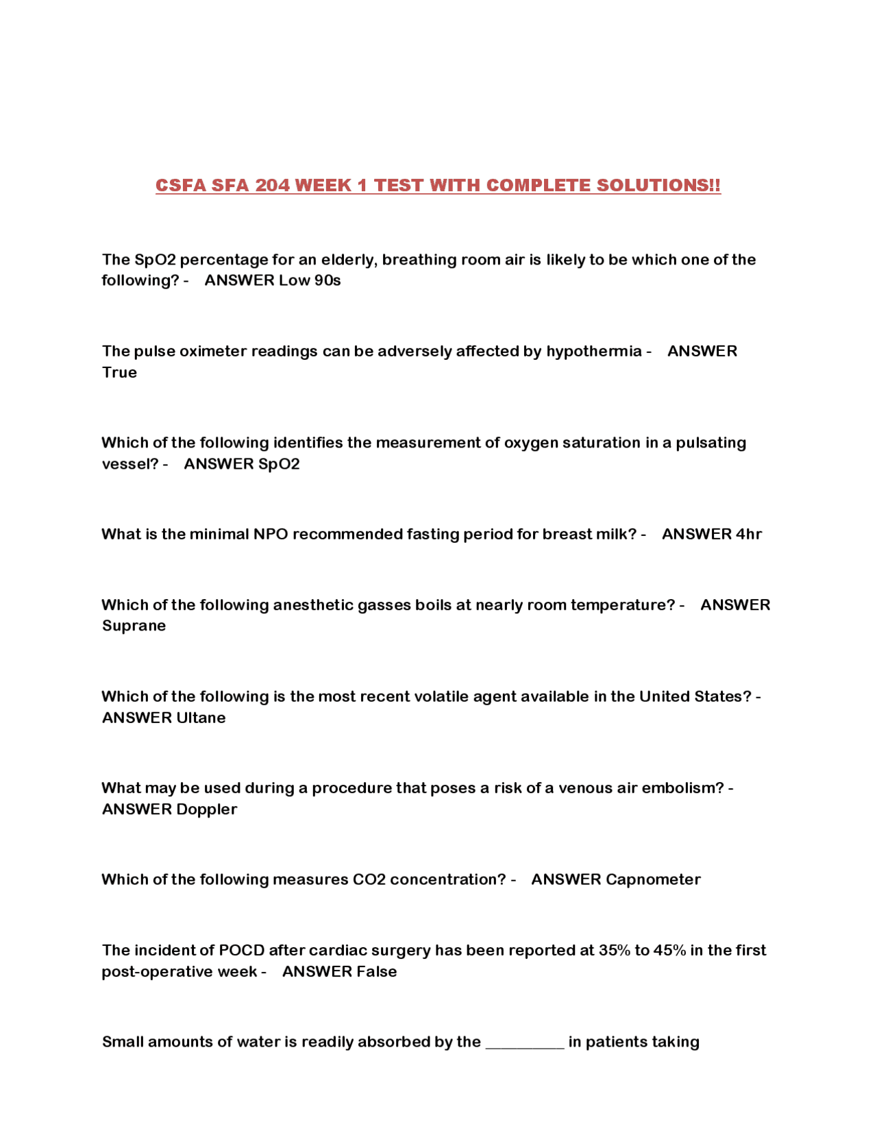 CSFA SFA 204 Week 1 Test: Anesthesia and Patient Monitoring | Exams ...