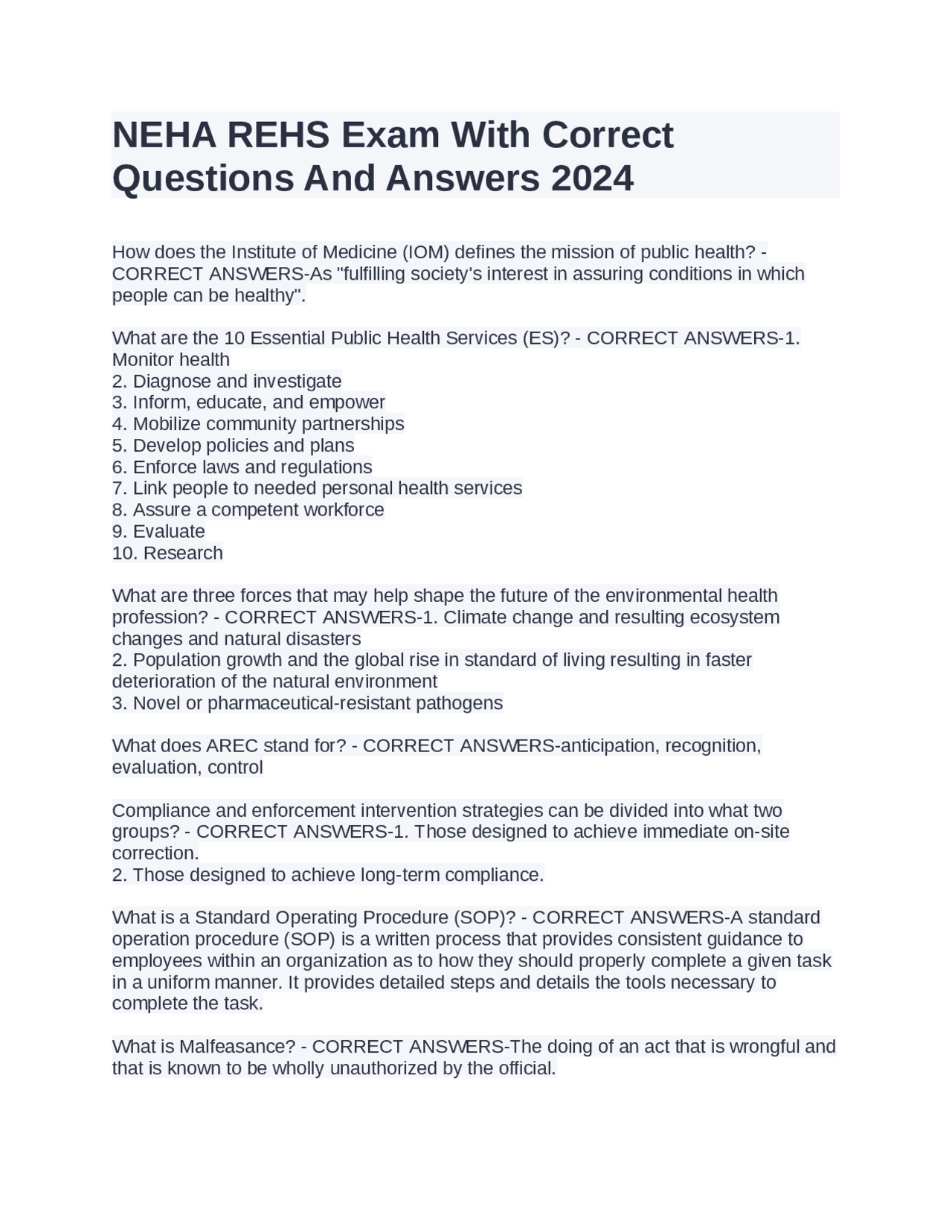 NEHA REHS Exam With Correct Questions And Answers 2024 | Exams Advanced ...