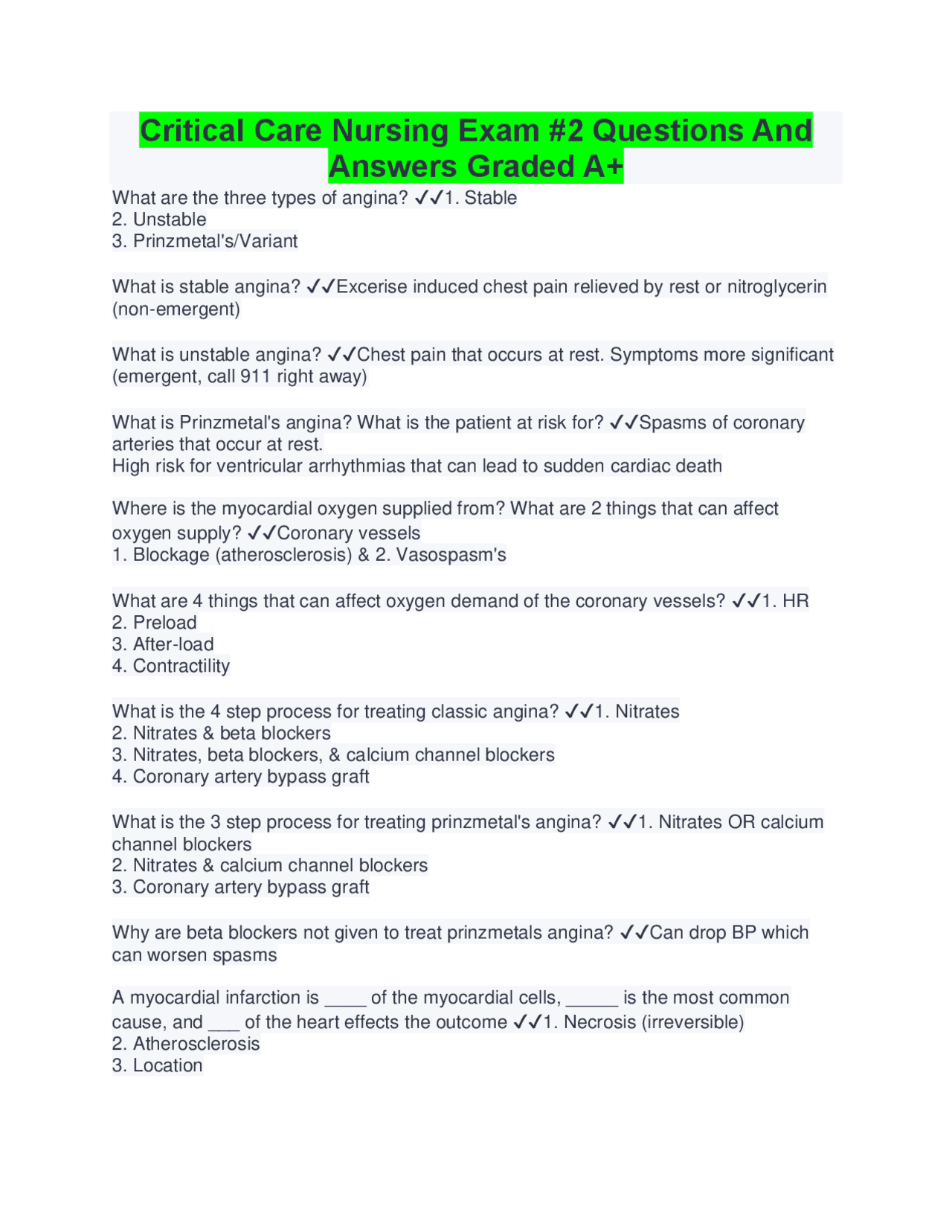 Critical Care Nursing Exam #2: Questions and Answers | Exams Advanced ...