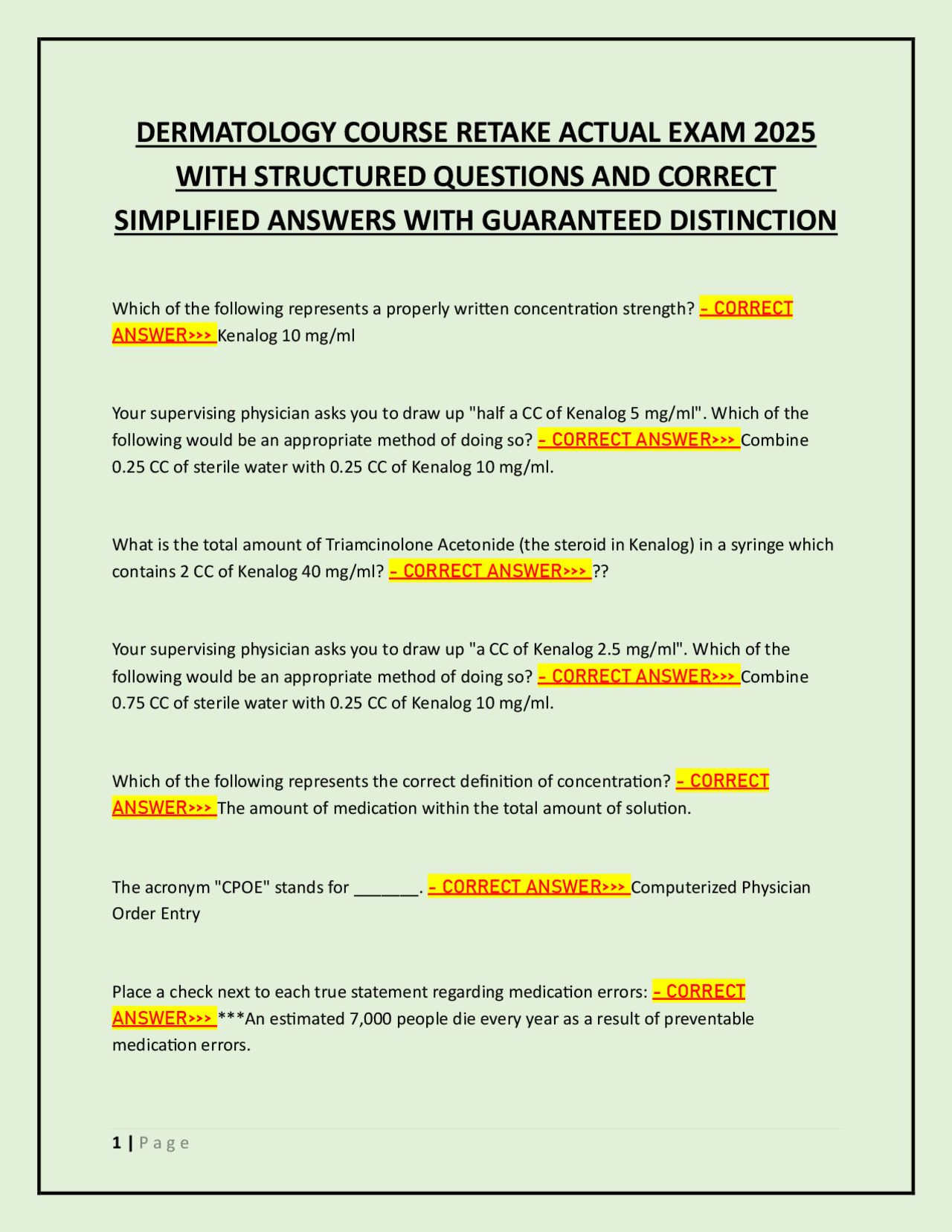 DERMATOLOGY COURSE RETAKE ACTUAL EXAM 2025 WITH STRUCTURED QUESTIONS ...
