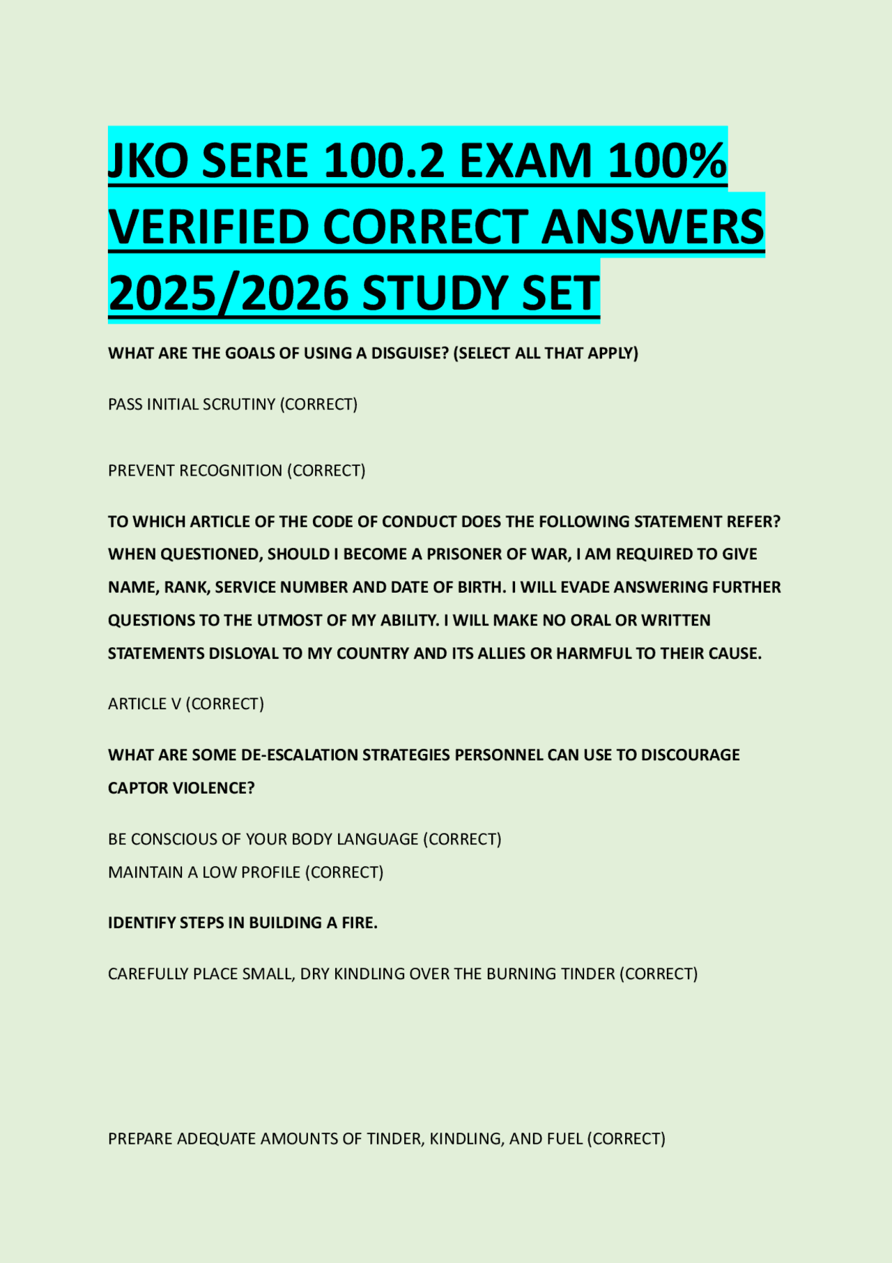 JKO SERE 100.2 EXAM 100% VERIFIED CORRECT ANSWERS 2025/2026 STUDY SET | Exams Organization and ...