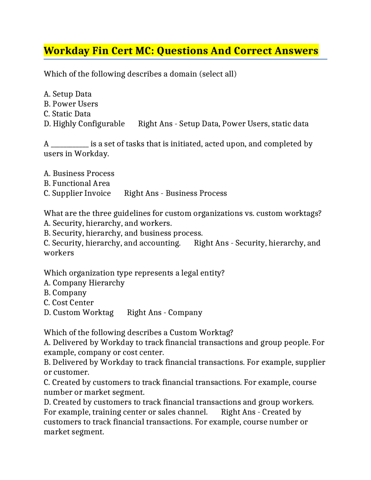 Workday Financial Certification (Fin Cert) Multiple Choice Questions ...