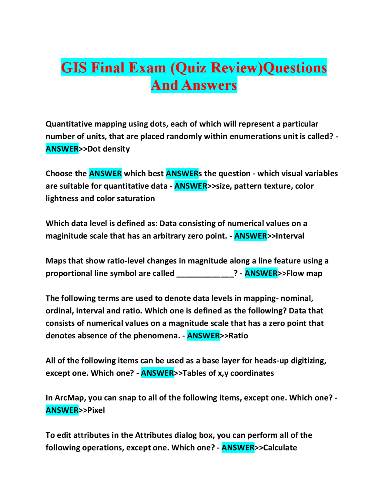 GIS Final Exam (Quiz Review) Questions and Answers | Exams Nursing ...
