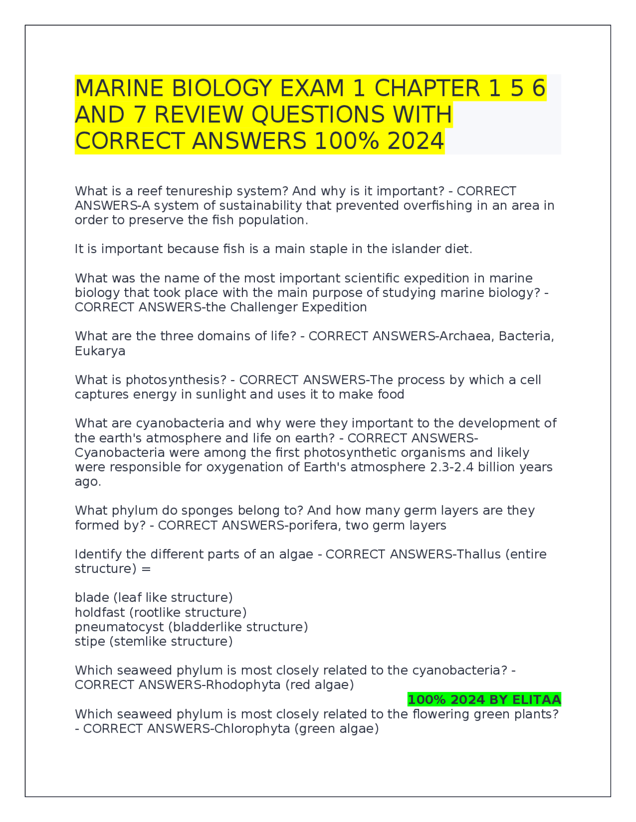 MARINE BIOLOGY EXAM 1 CHAPTER 1 5 6 AND 7 REVIEW QUESTIONS WITH CORRECT ...