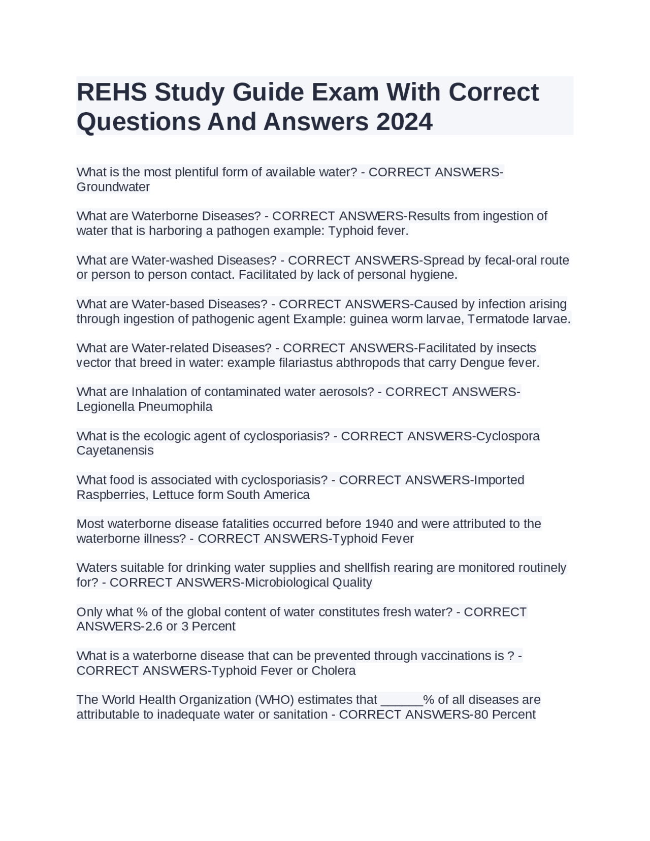 REHS Study Guide Exam With Correct Questions And Answers 2024 | Exams ...