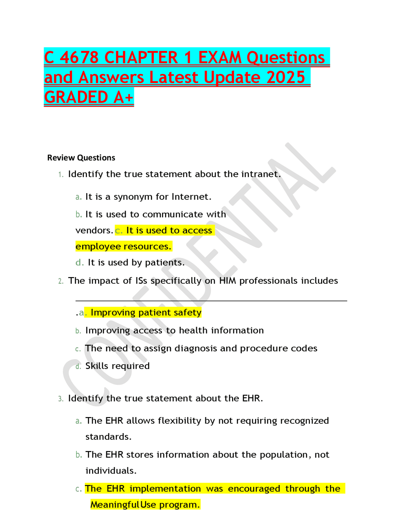 C 4678 CHAPTER 1 EXAM Questions and Answers Latest Update 2025 GRADED ...