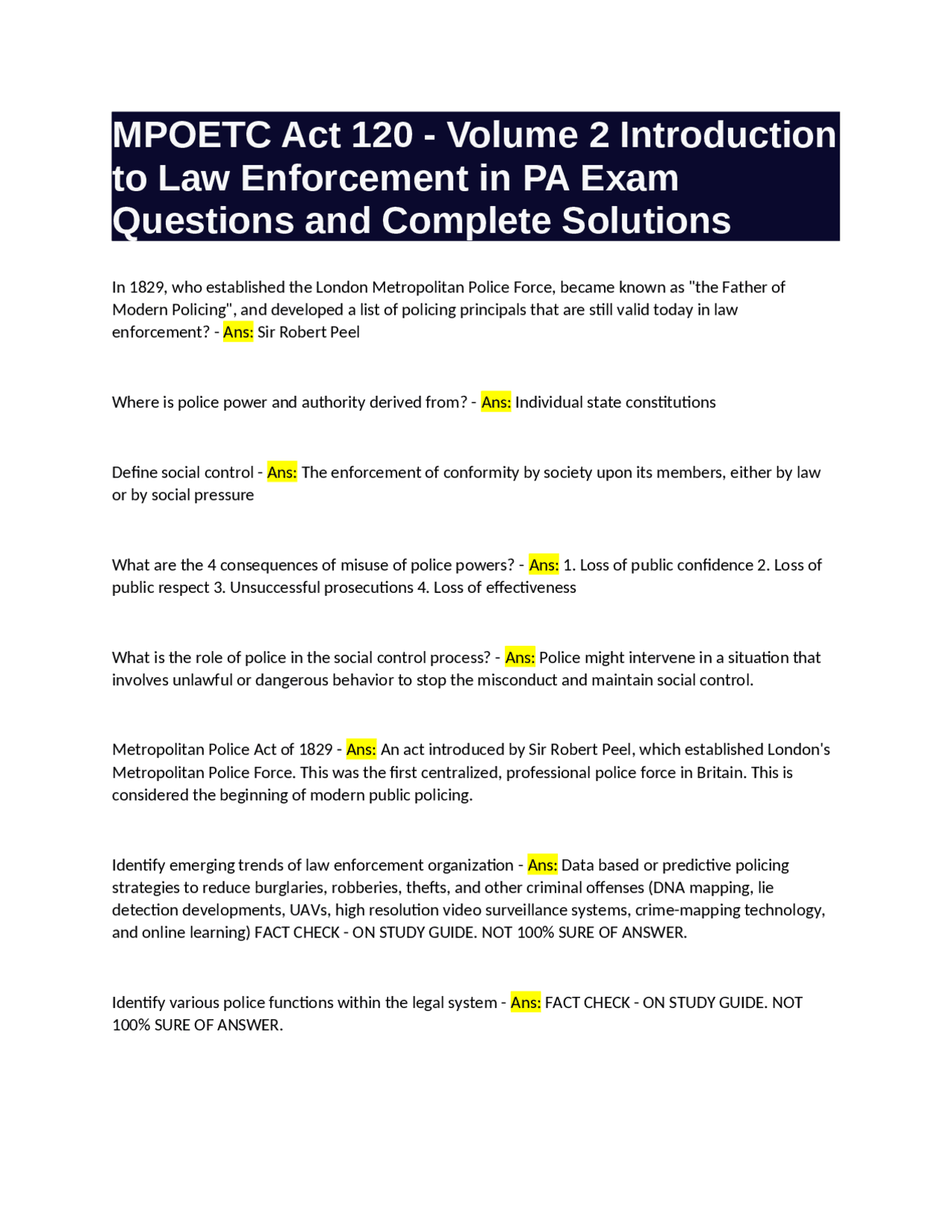 MPOETC Act 120 - Volume 2 Introduction to Law Enforcement in PA Exam ...