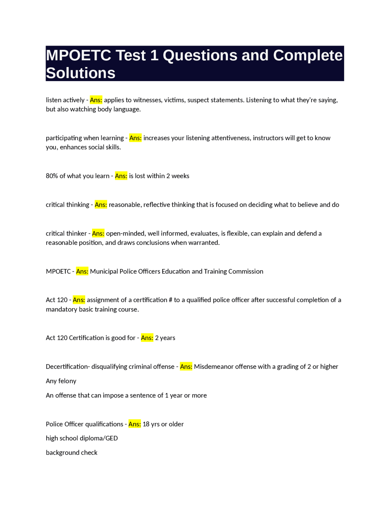 MPOETC Test 1 Questions and Complete Solutions | Exams Nursing | Docsity