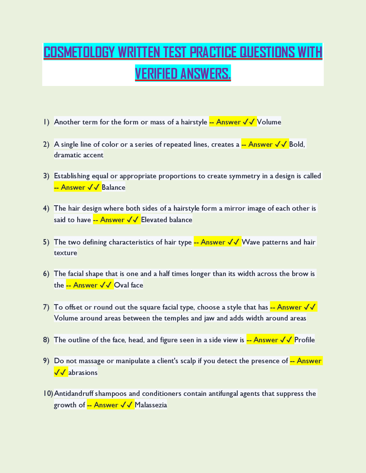 Cosmetology Written Test Practice Questions with Verified Answers ...