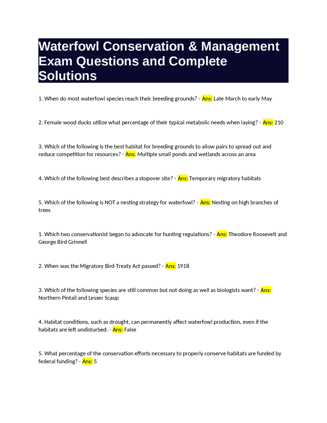 Waterfowl Conservation & Management Exam Questions and Solutions ...