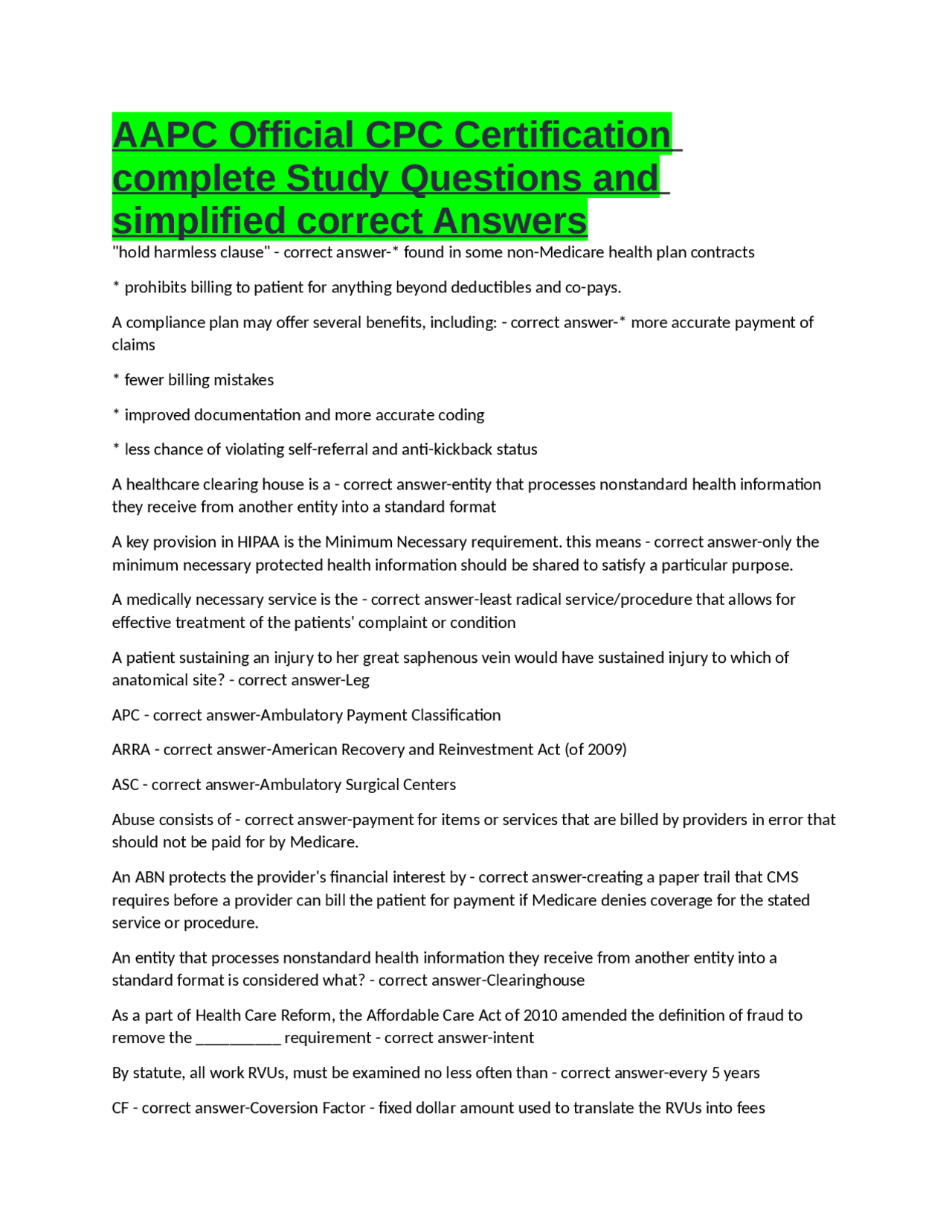 AAPC Official CPC Certification Study Questions and Answers | Exams ...