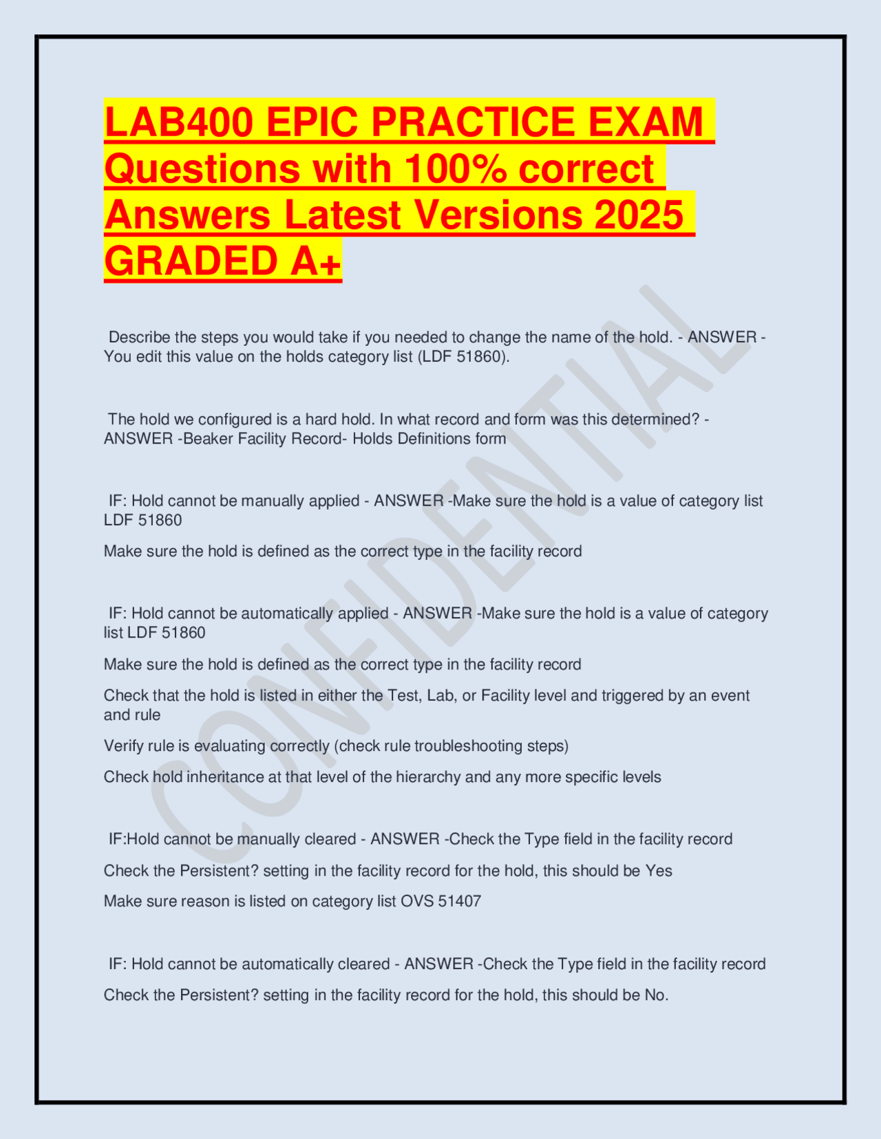 LAB400 EPIC PRACTICE EXAM Questions with 100% correct Answers Latest ...
