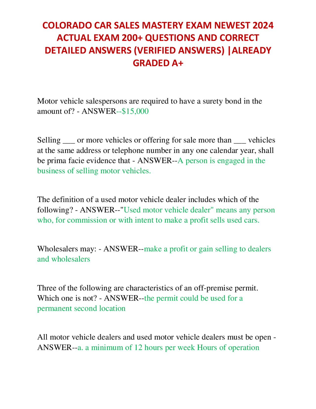 COLORADO CAR SALES MASTERY EXAM NEWEST 2024 ACTUAL EXAM 200+ QUESTIONS ...