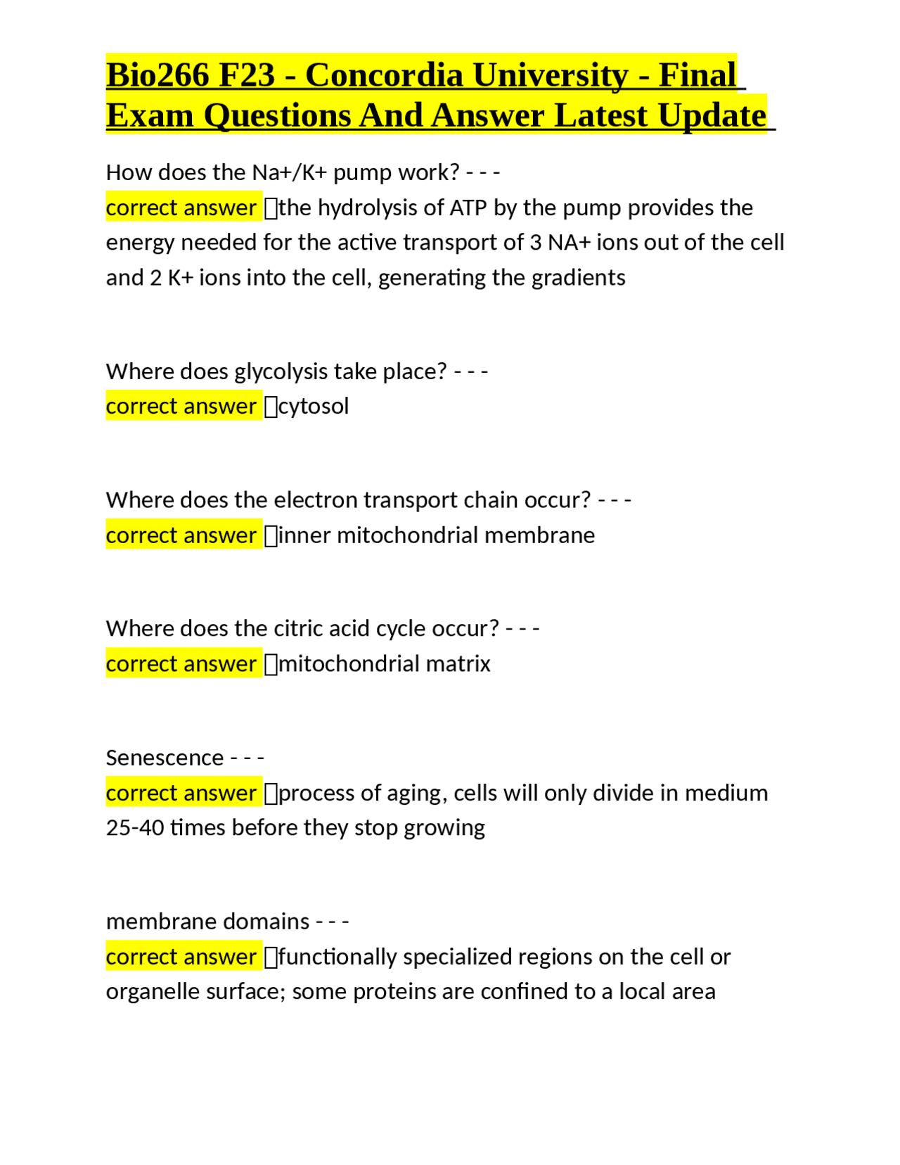 Bio266 F23 - Concordia University - Final Exam Questions And Answers | Exams Biology | Docsity