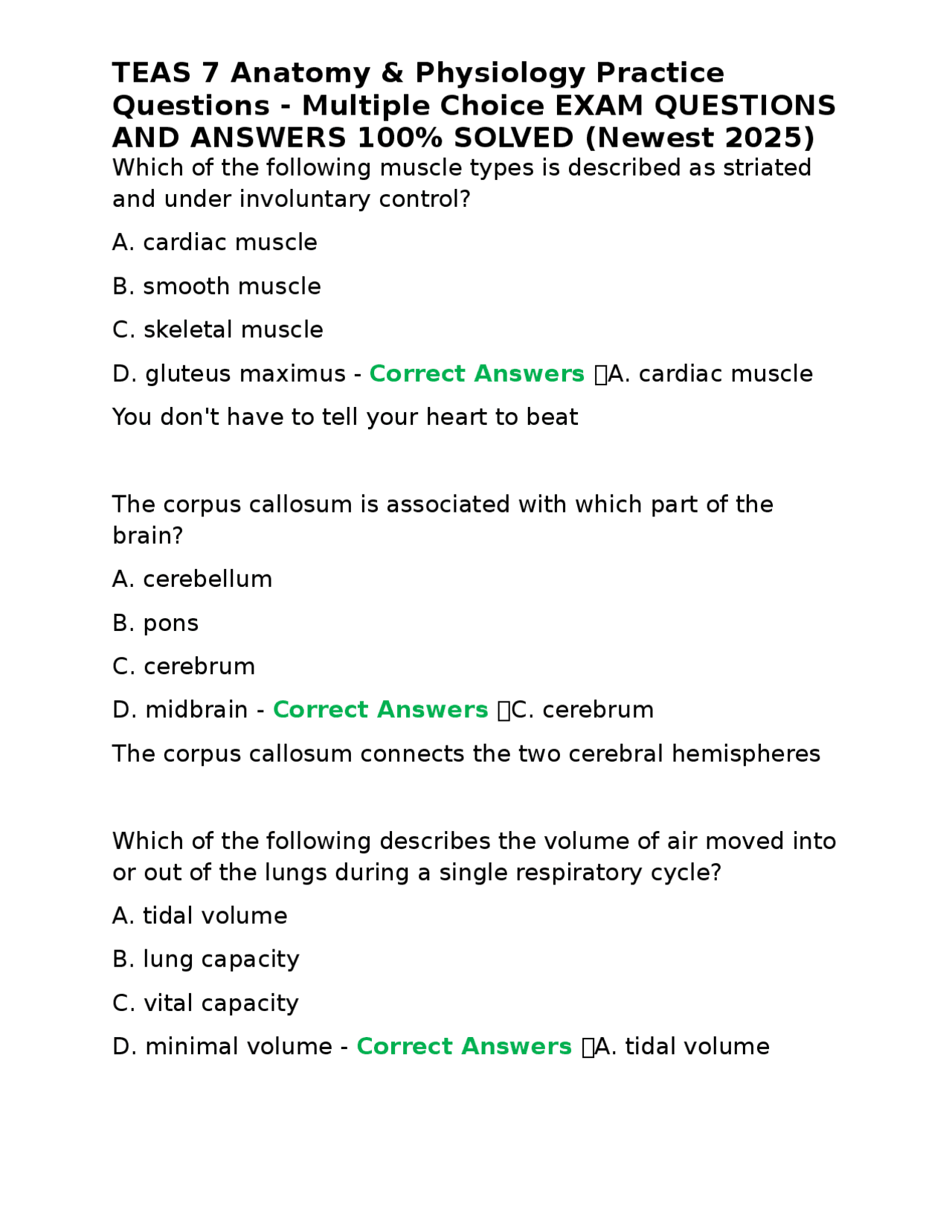 TEAS 7 Anatomy & Physiology Practice Questions | Exams Nursing | Docsity