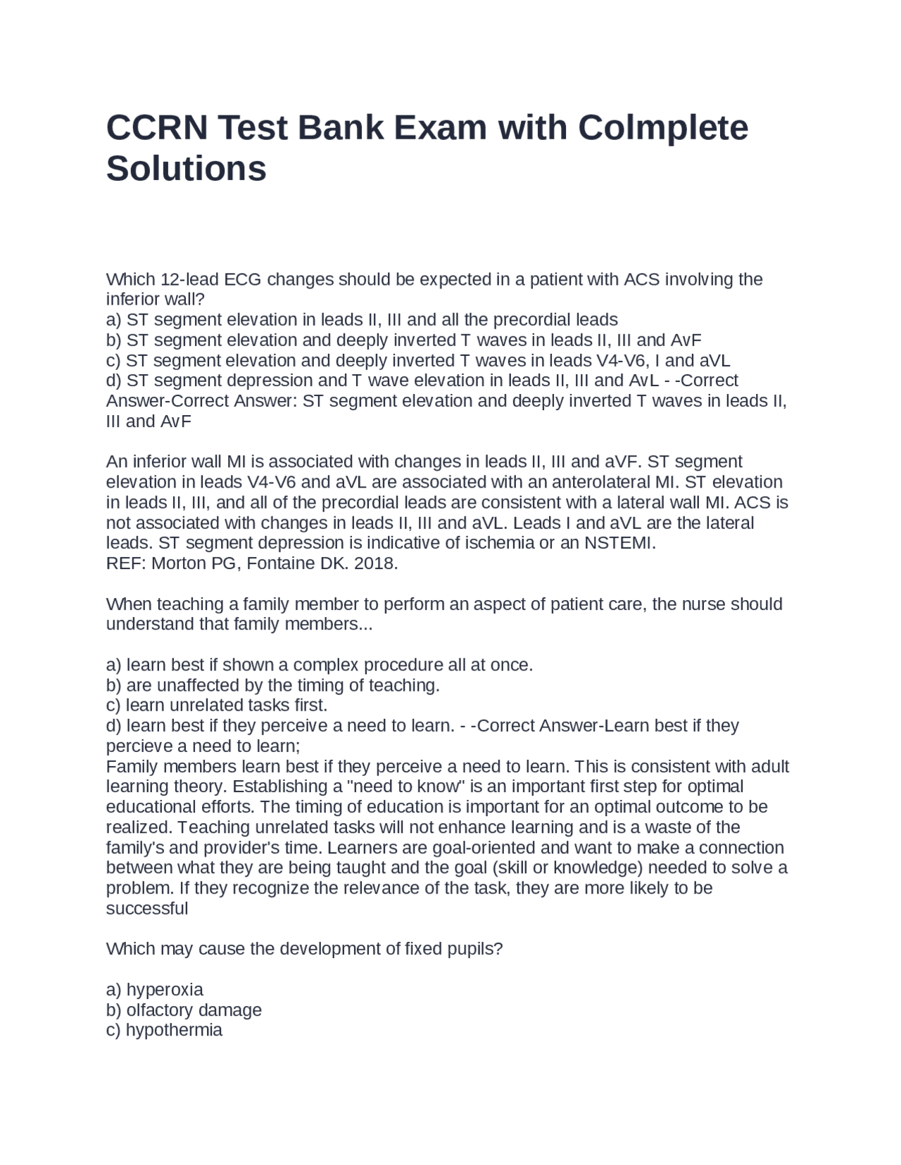 CCRN Test Bank Exam with Complete Solutions: Critical Care Nursing ...