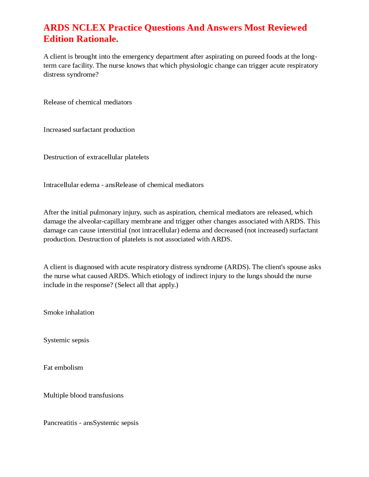 ARDS NCLEX Practice Questions and Answers: A Comprehensive Guide for ...