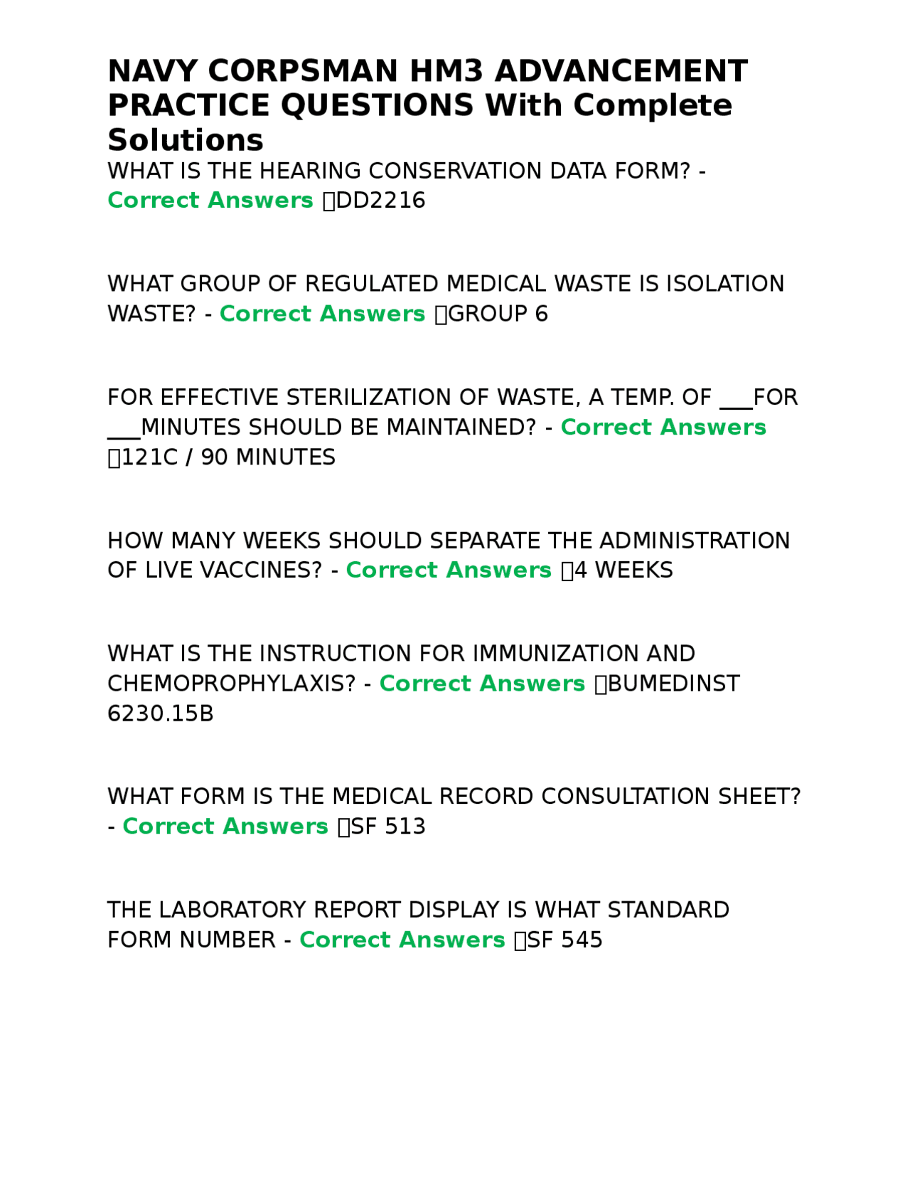 Navy Corpsman HM3 Advancement Practice Questions with Complete ...