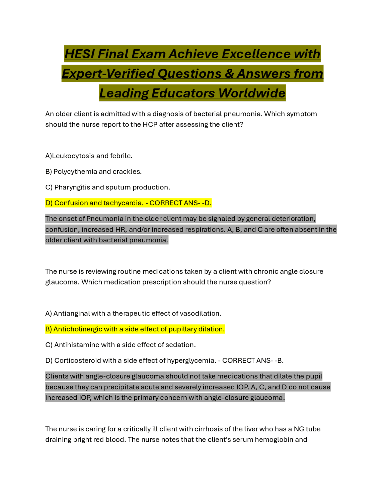 Nursing Practice Exam: Multiple Choice Questions | Exams Nursing | Docsity