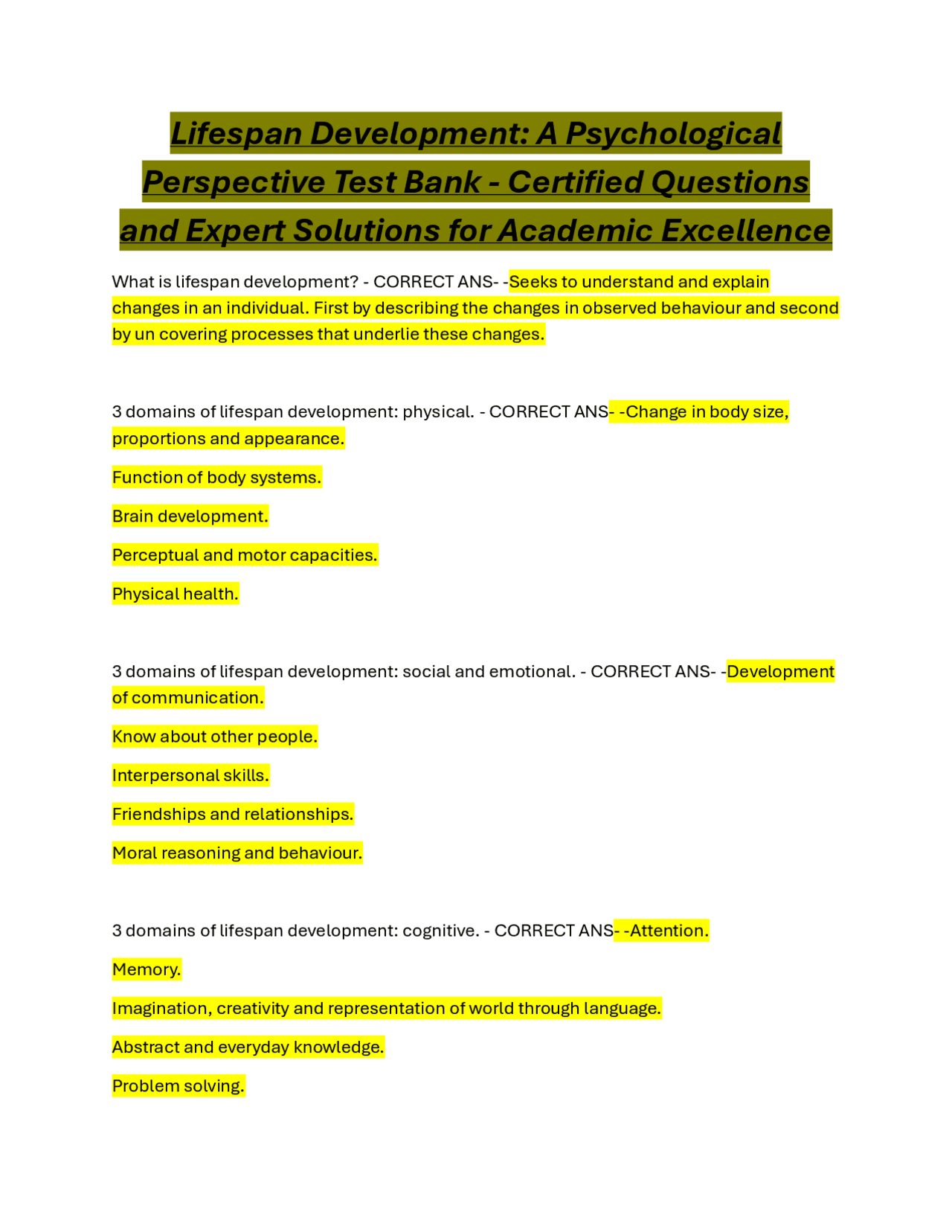 Lifespan Development: A Psychological Perspective Test Bank | Exams ...