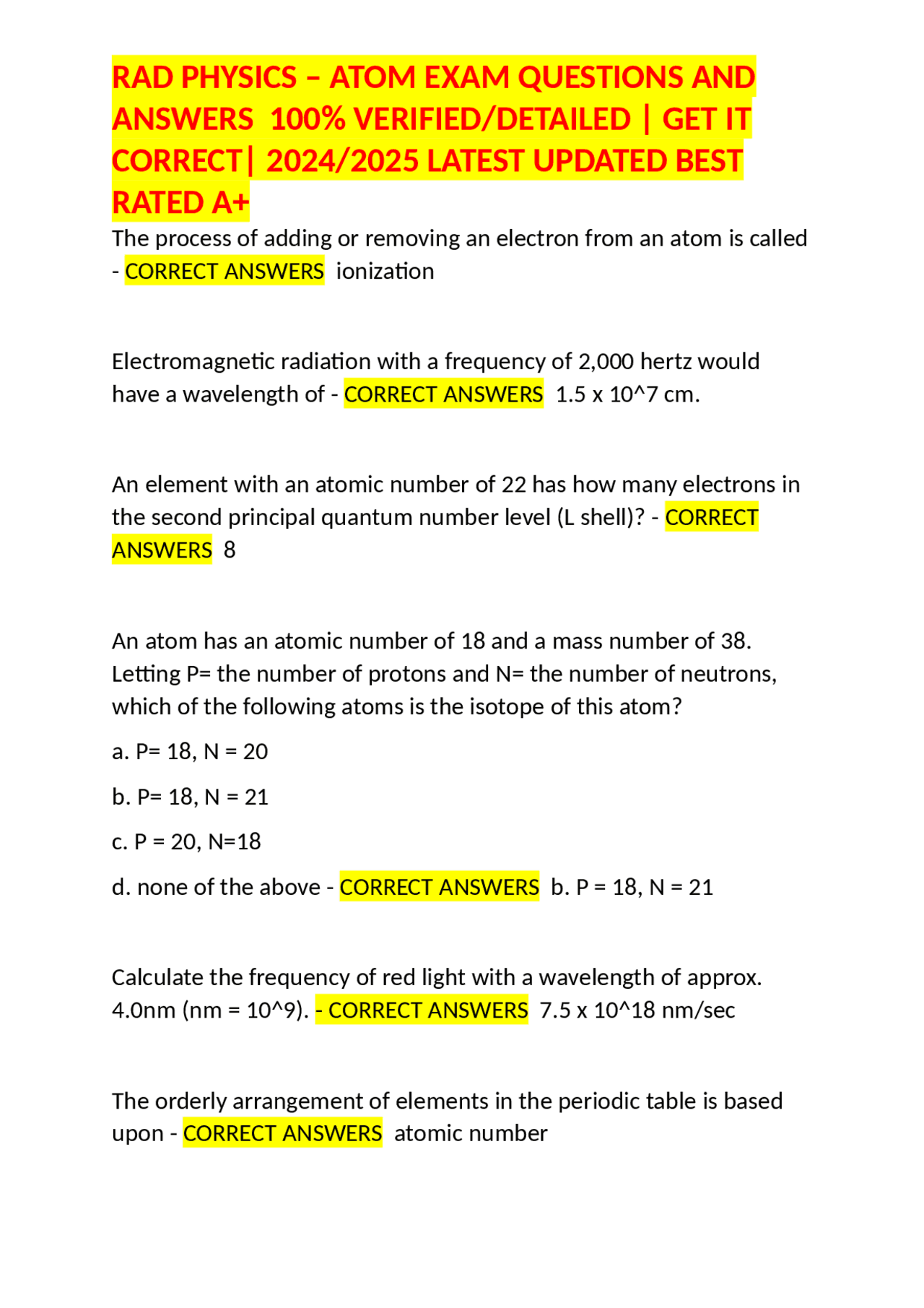 Atomic Physics Exam Questions and Answers | Exams Physics | Docsity