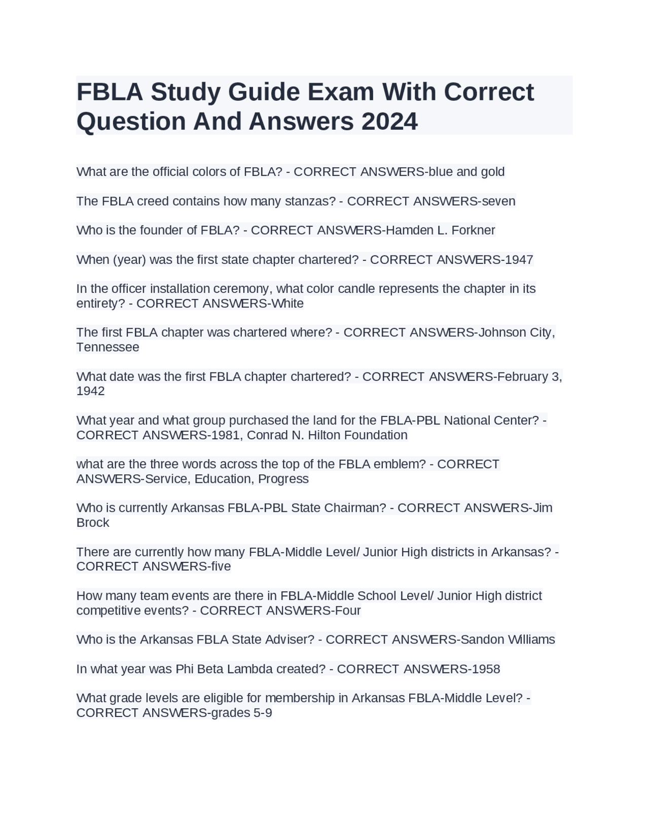 FBLA Study Guide Exam With Correct Questions And Answers 2024 | Exams ...