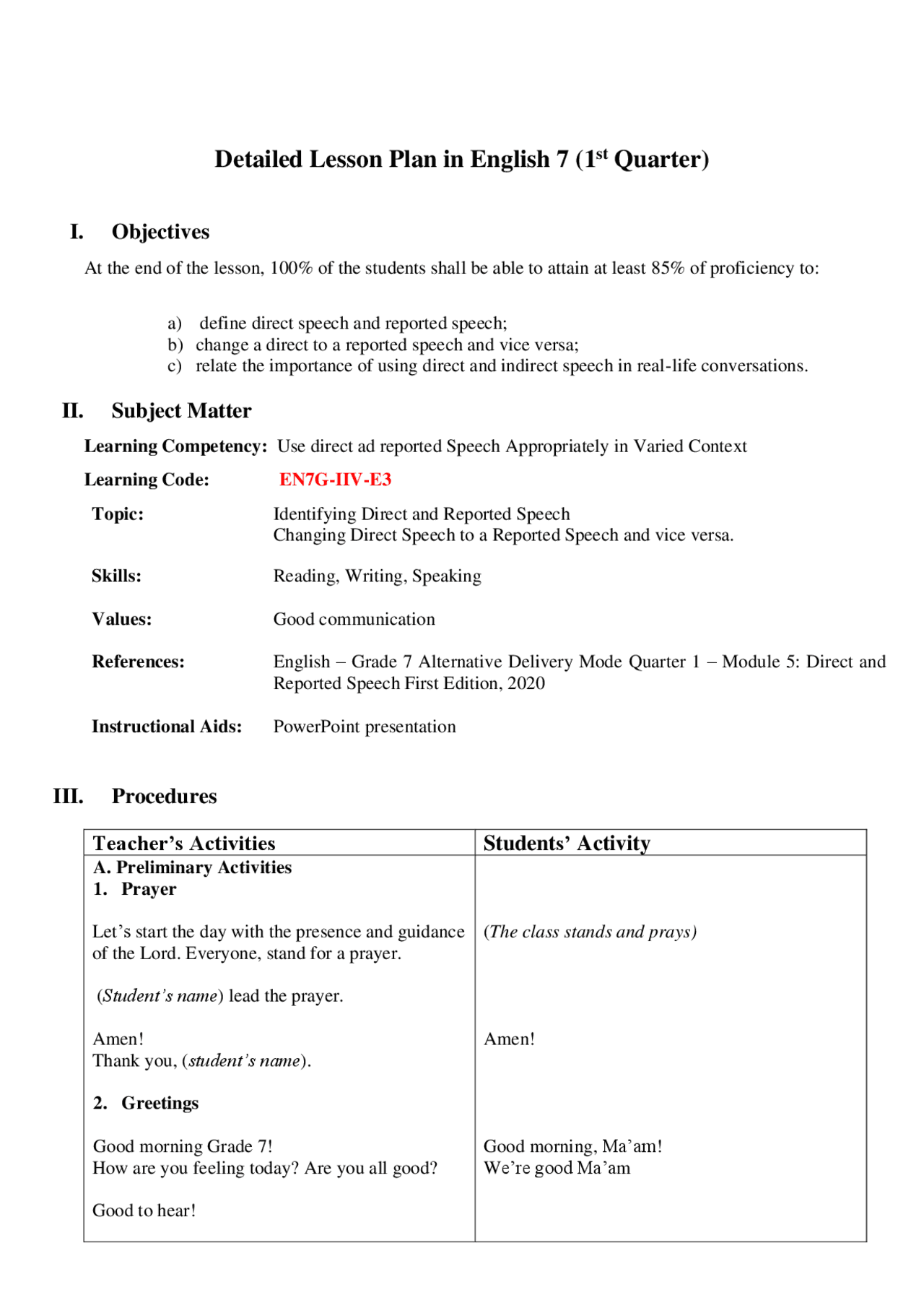 Detailed Lesson Plan ( Grade 7 ) First Quarter | Lecture notes English ...